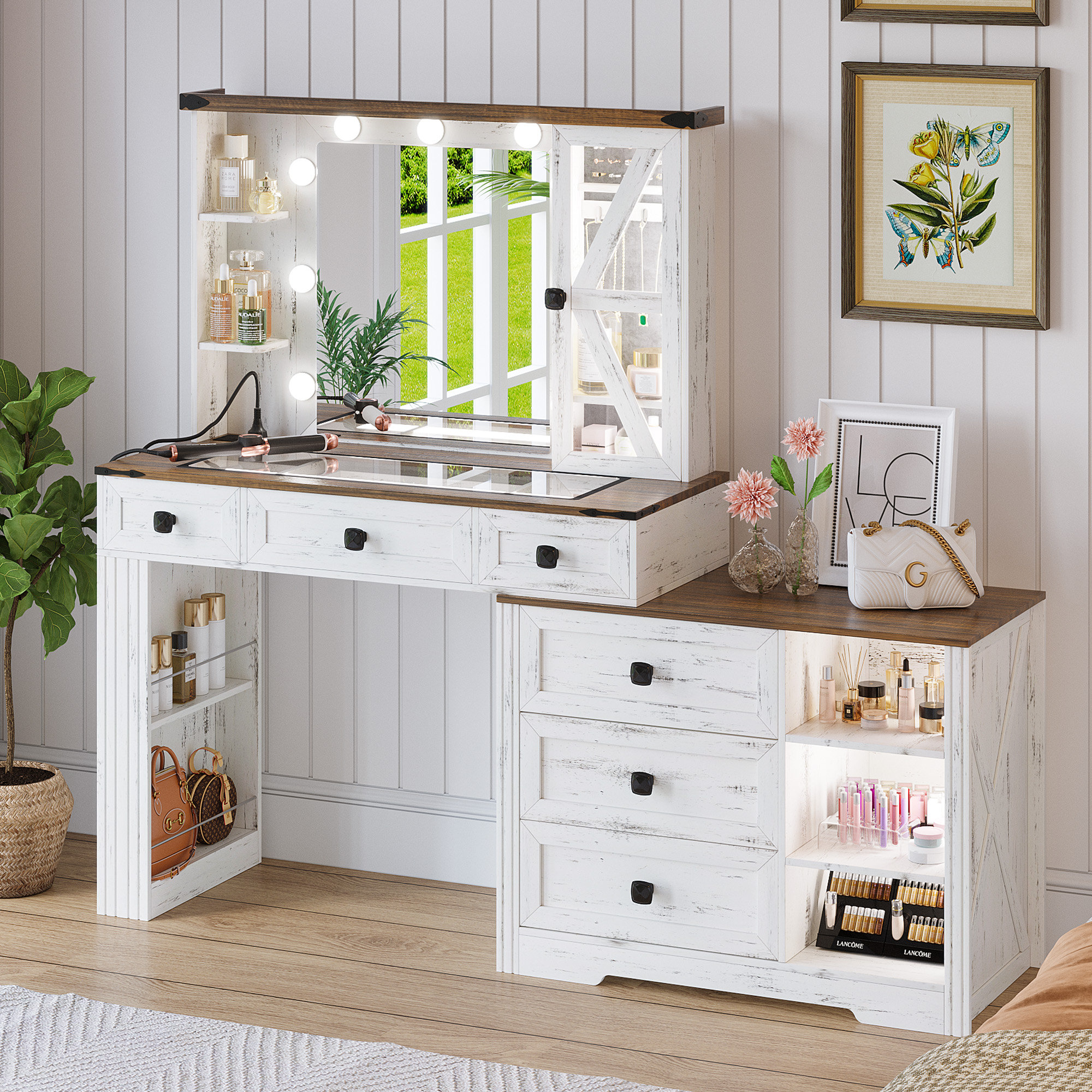 August Grove® Makeup Vanity Desk With Storage Cabinet and Power Outlet ...