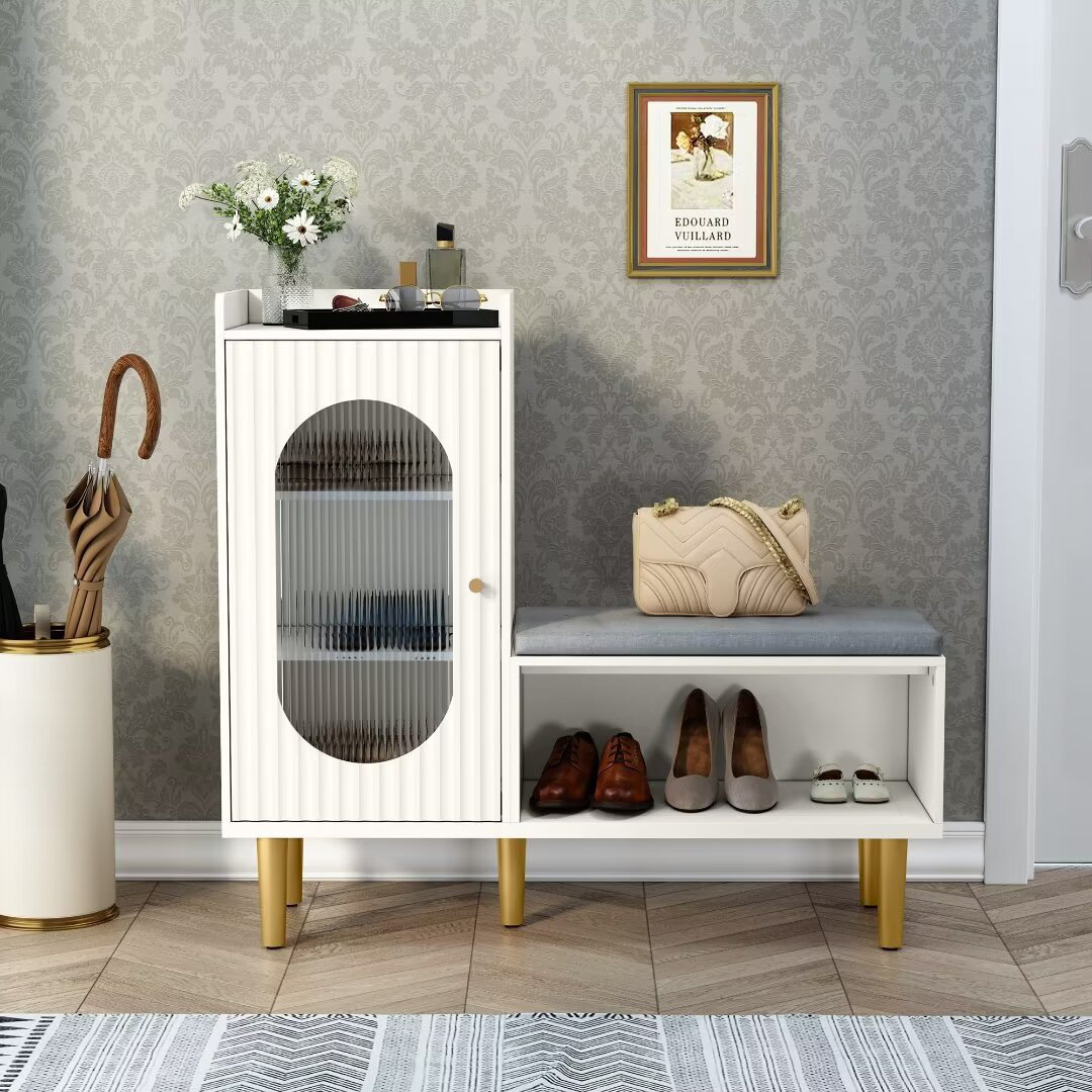 Mercer41 Tokie Modern Entryway Shoes Cabinet Bench with Glass Door ...