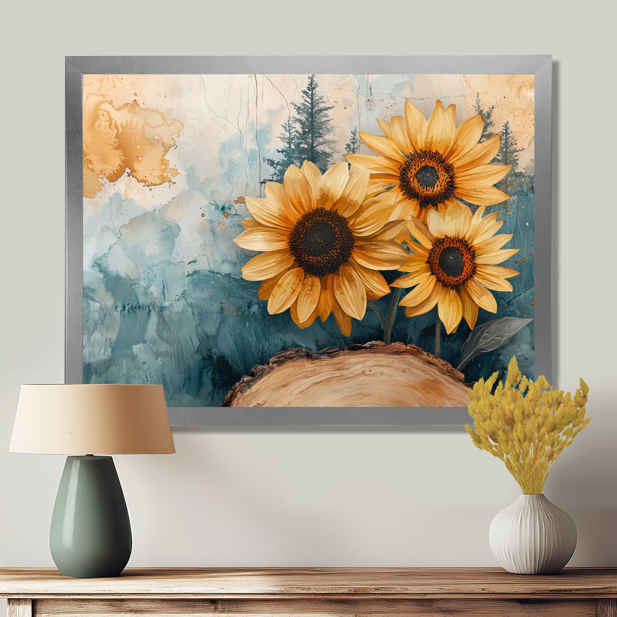August Grove® Duice Watercolor Sunflowers Garden At The Forest On Slide ...