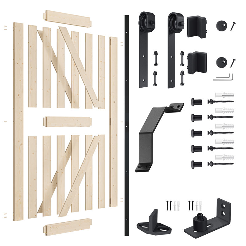 LDB_BUILDING Paneled Solid Wood Unfinished Barn Door with Installation ...