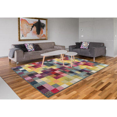 Ebern Designs Carnes Machine Woven Performance Red/Gray/Yellow Rug ...