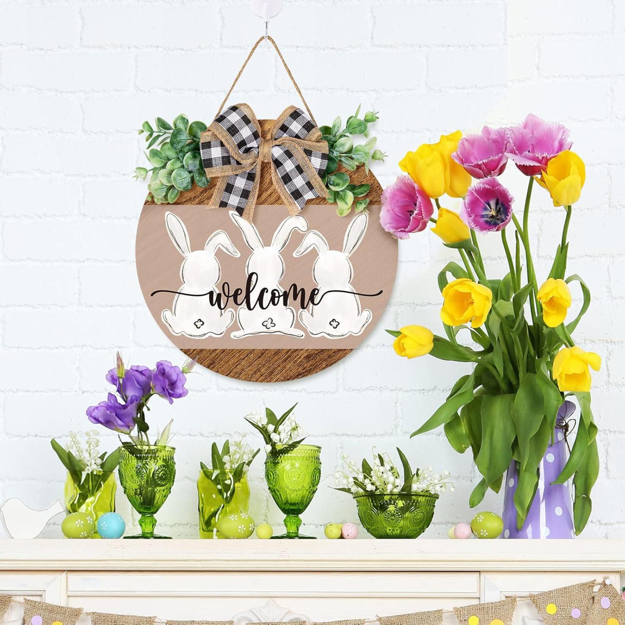 The Holiday Aisle® Easter Wooden Hanging Sign Bunny Rabbit Welcome Sign ...