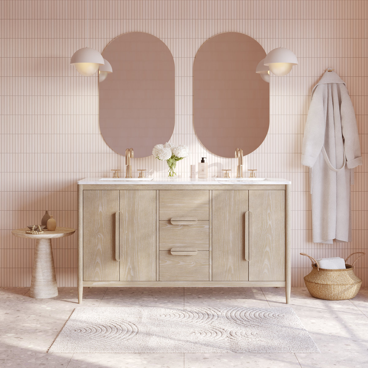 Highbury Furnishings 60" Double Bathroom Vanity In Whitewashed Ash ...
