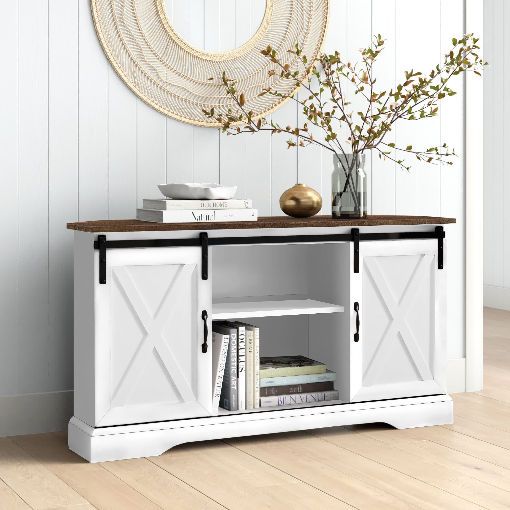 Bevus 52 Corner TV Stand with Sliding Doors for TVS Up to 58 Wade Logan Color Traditional Brown White Oak