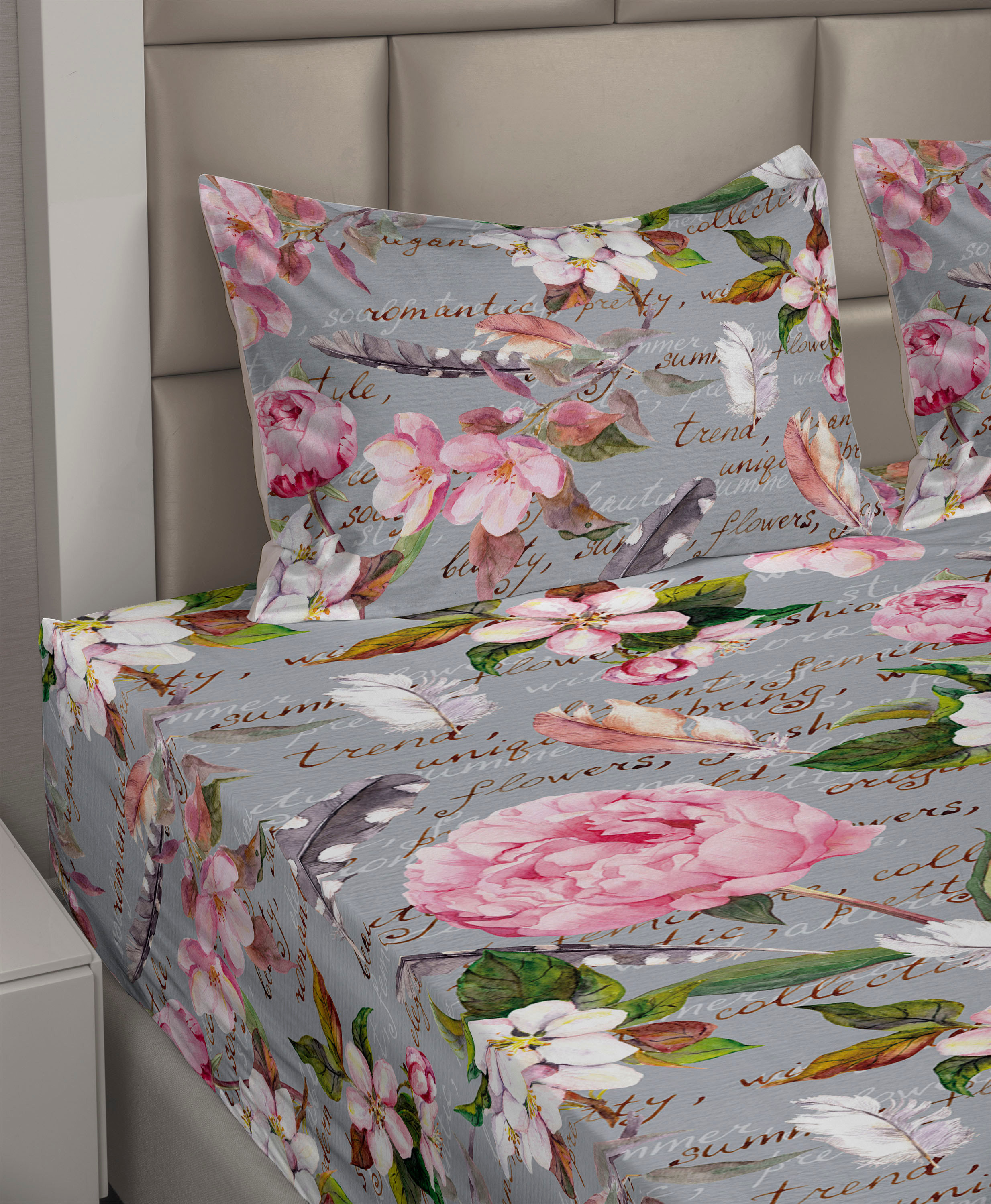 Ambesonne Floral Design Sheet Set Flowers Leaves Fuzz Pale Pink Forest ...