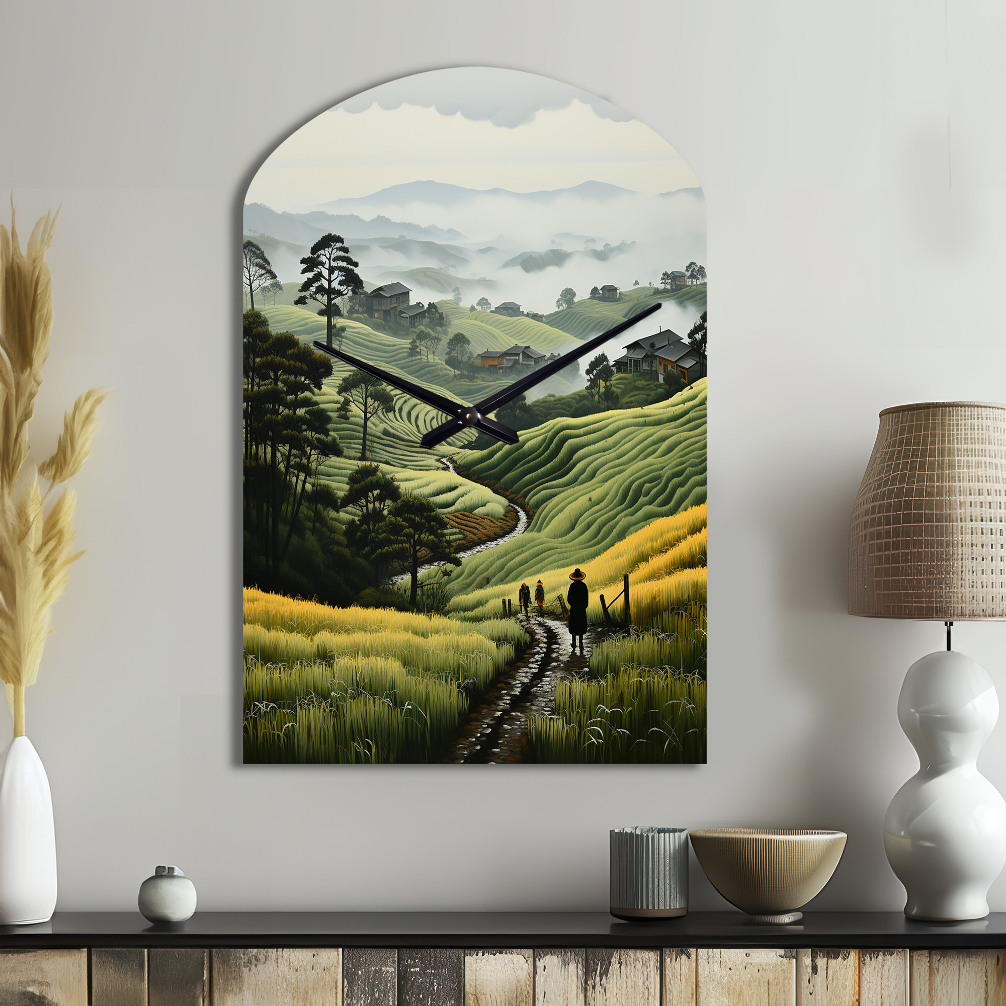 Design Art Countryside Foggy Green Hillside - Arch Shape Green Wall ...