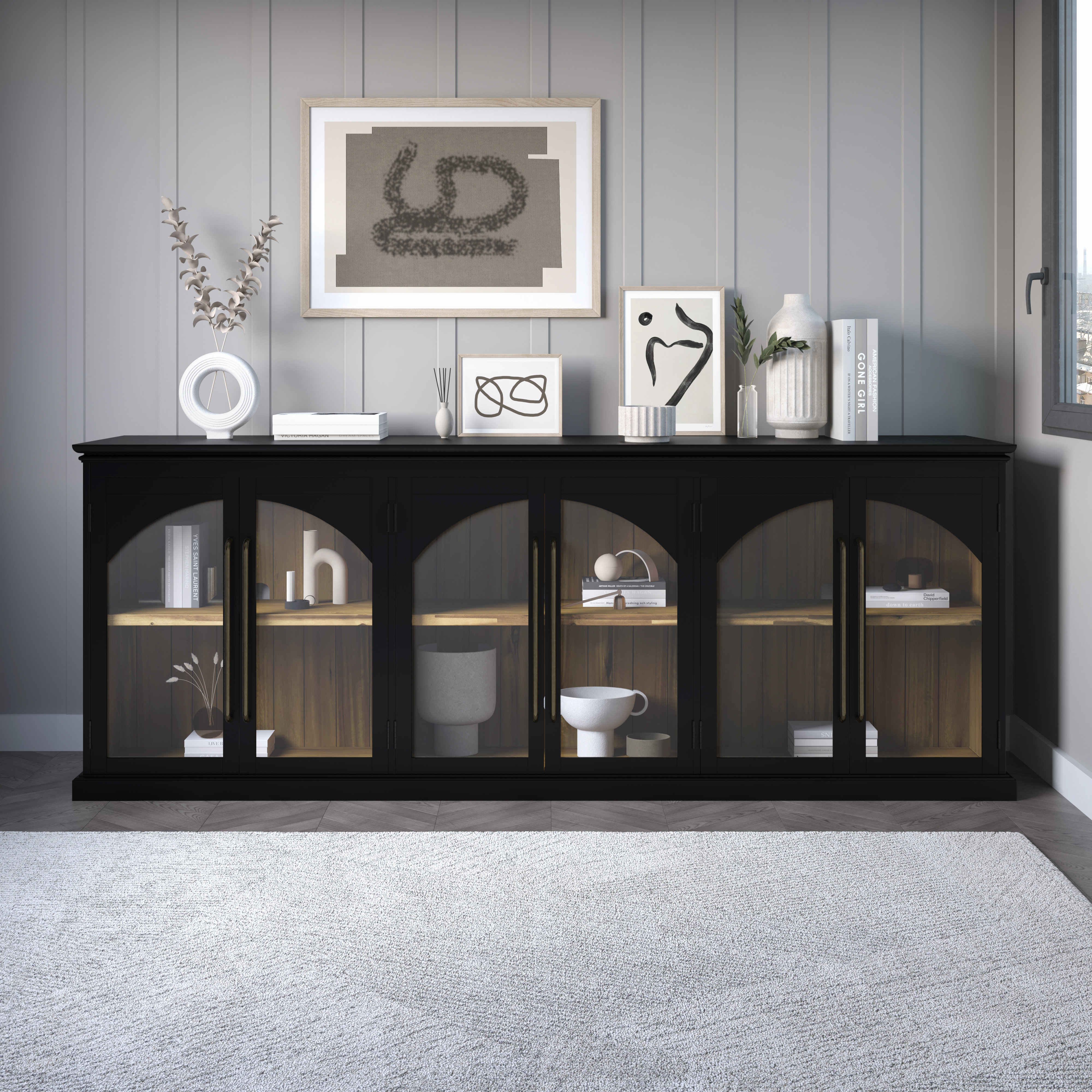 Maglio 96 Gothic Arch Transitional Sideboard Storage Cabinet with Glass Doors Lark Manor Color Gray