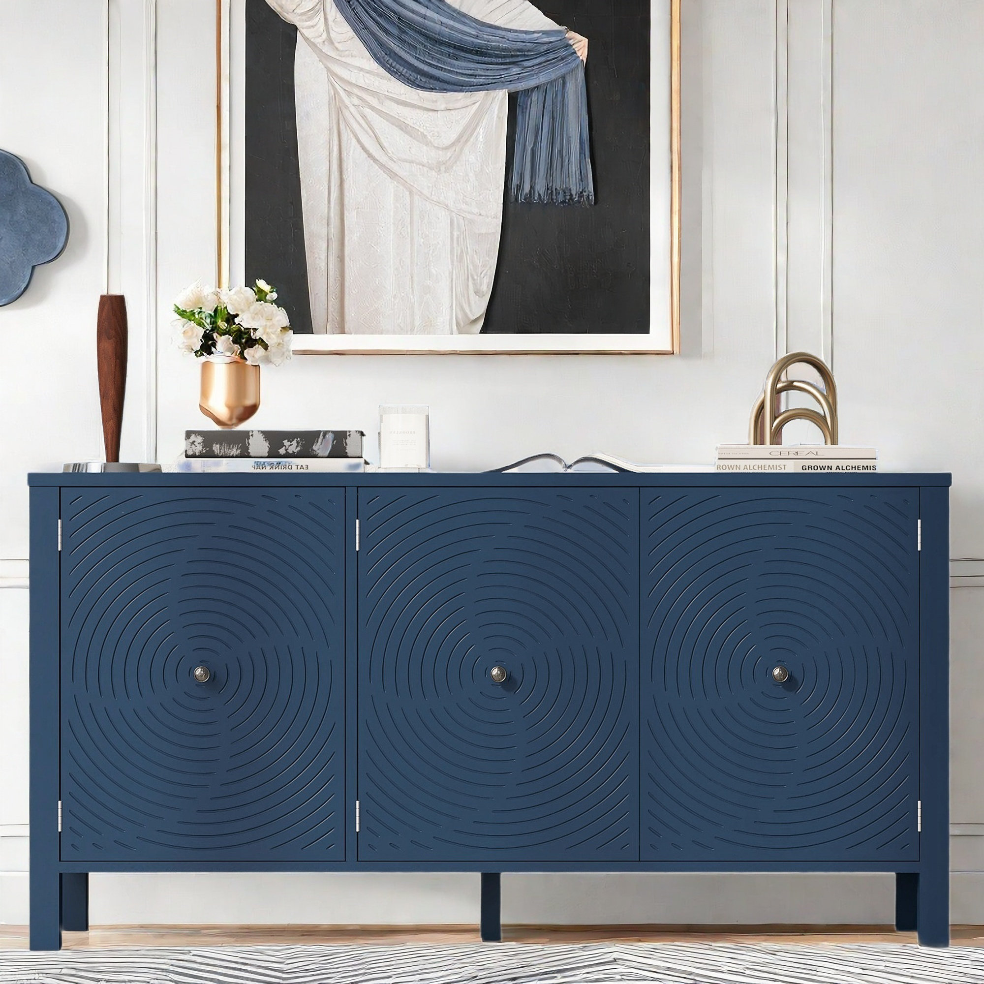 Ebern Designs Winget Artistic Sideboard With Curved Swirl Patterned Doors And Adjustable Shelves ...