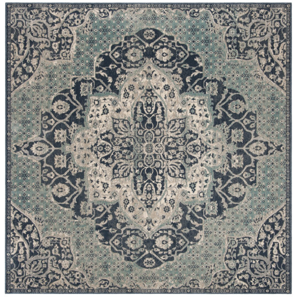 Bungalow Rose Doucet 300 Pes/Cotton/Pp/Latex Oriental Rug in Navy/Aqua ...