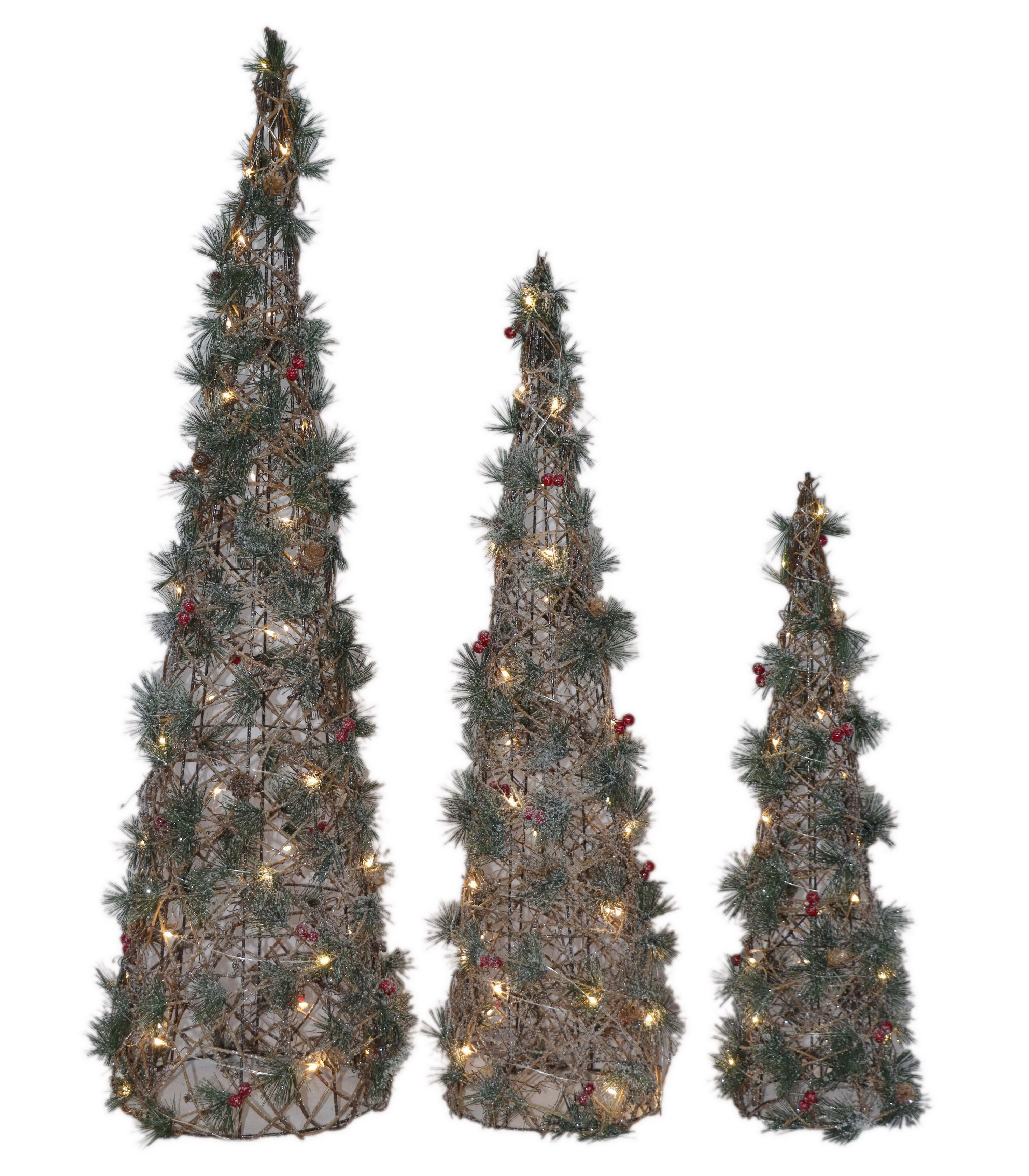The Holiday Aisle® Cone Trees With Greenery Pre-Lit - Set Of 3 ...