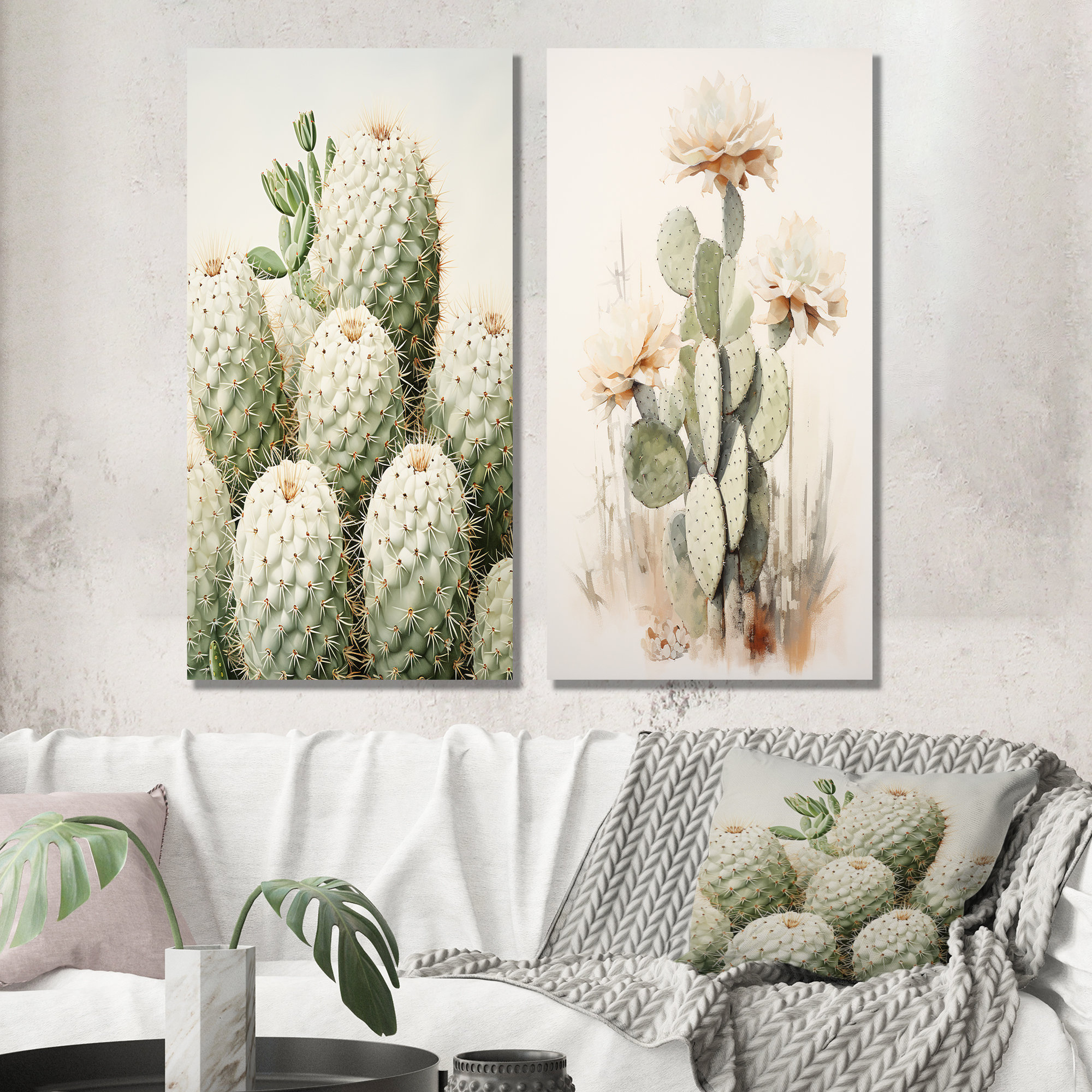 Union Rustic Beige And Green Minimalism Cactus - Cactus Canvas Wall Art ...