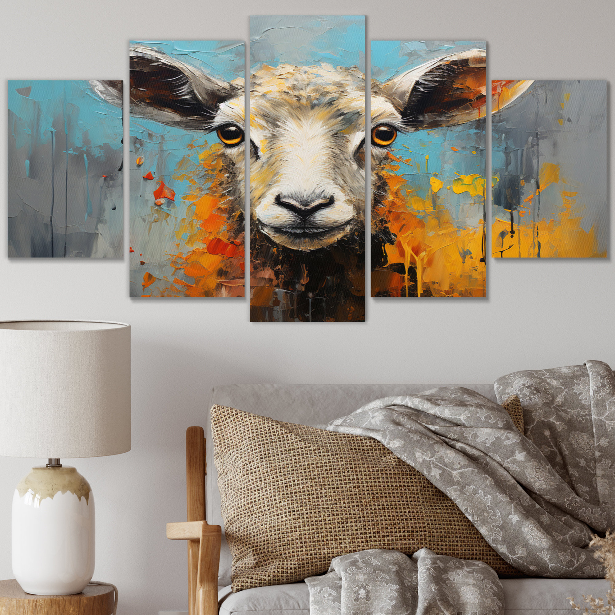 Ophelia & Co. Teal Palette Knife Sheep - Animals Wall Decor - 5 Panels ...