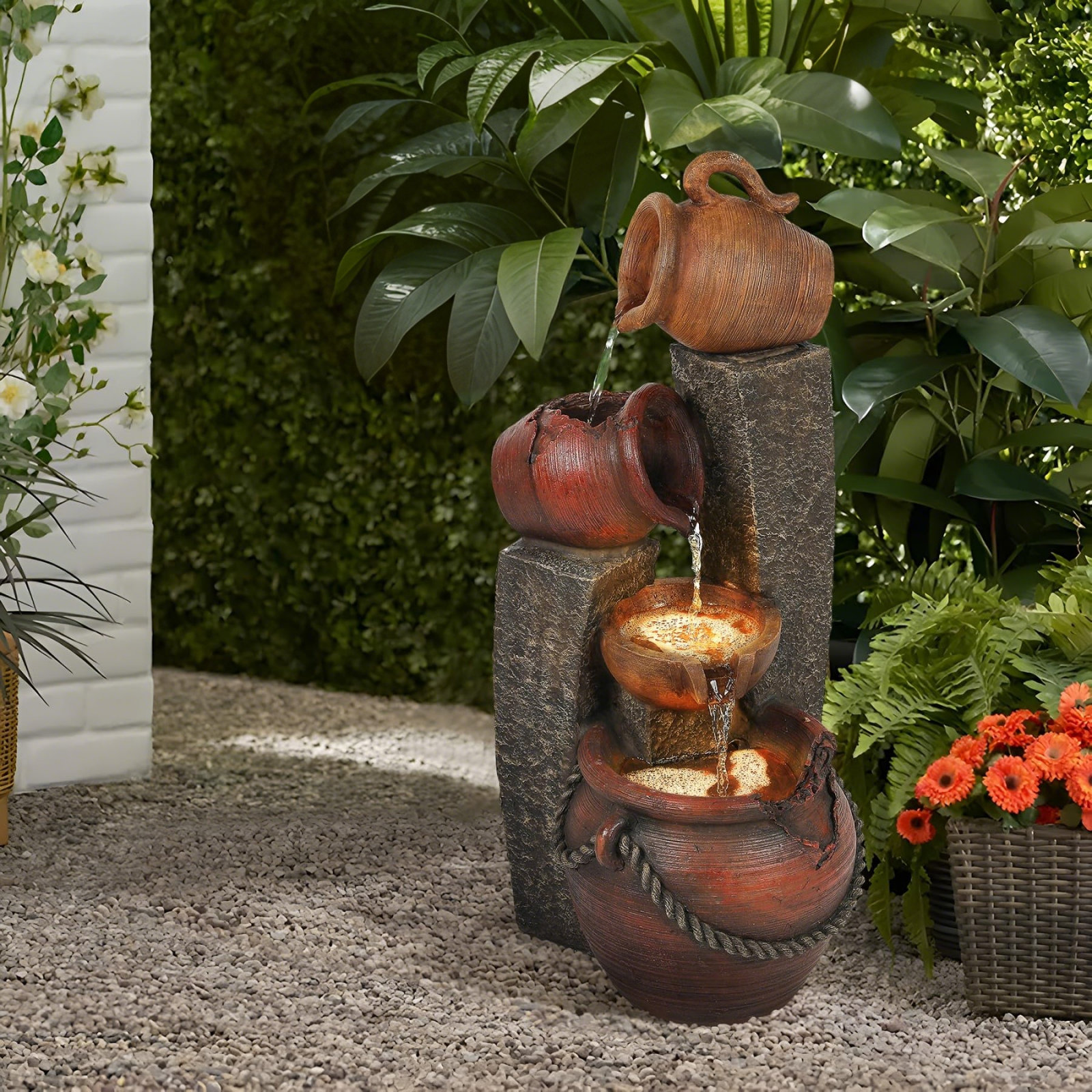 One Allium Way 32" Farmhouse Outdoor Water Fountain With Led Lights ...