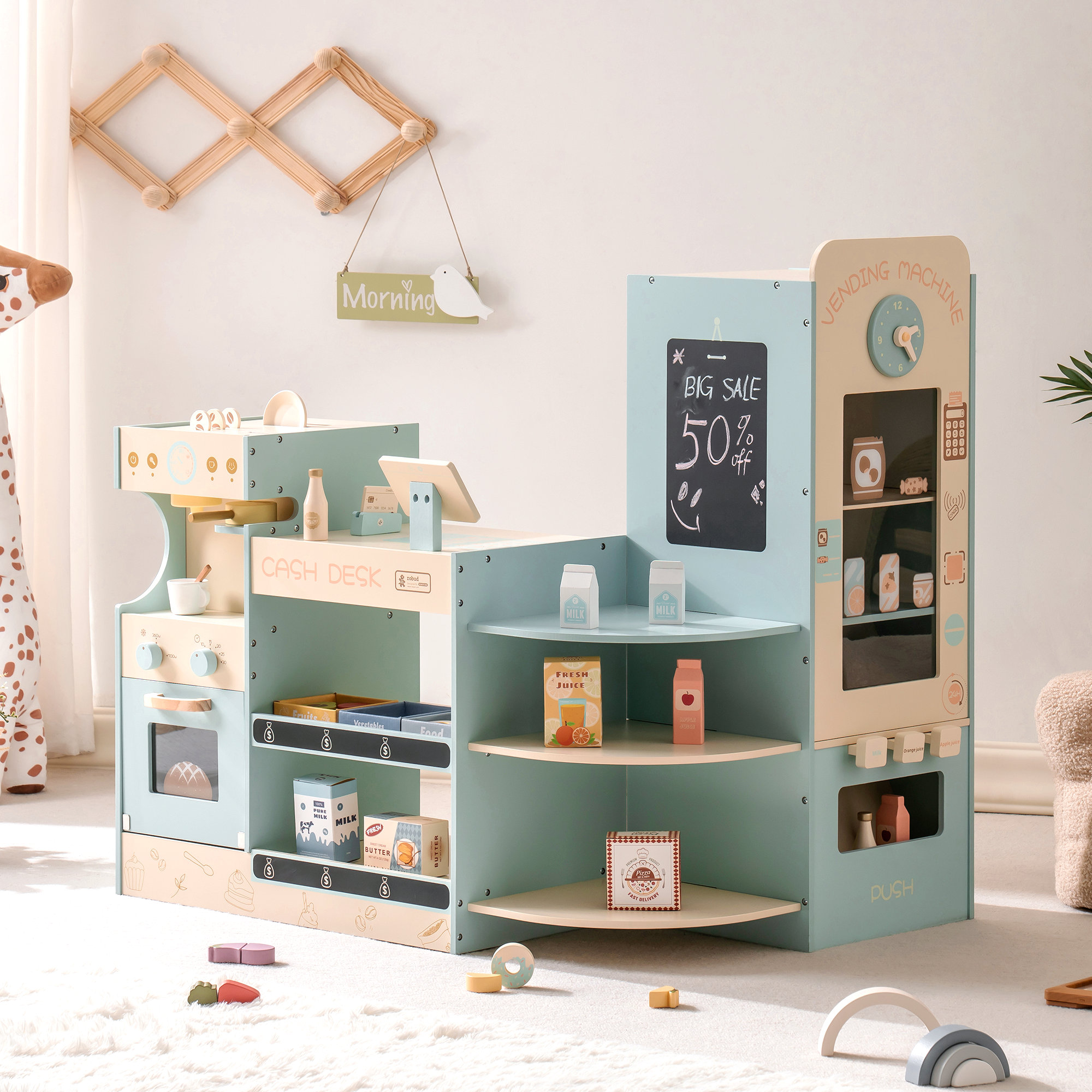 ROBUD Wooden Pretend Market Self-Checkout Station Playset, Preschool ...