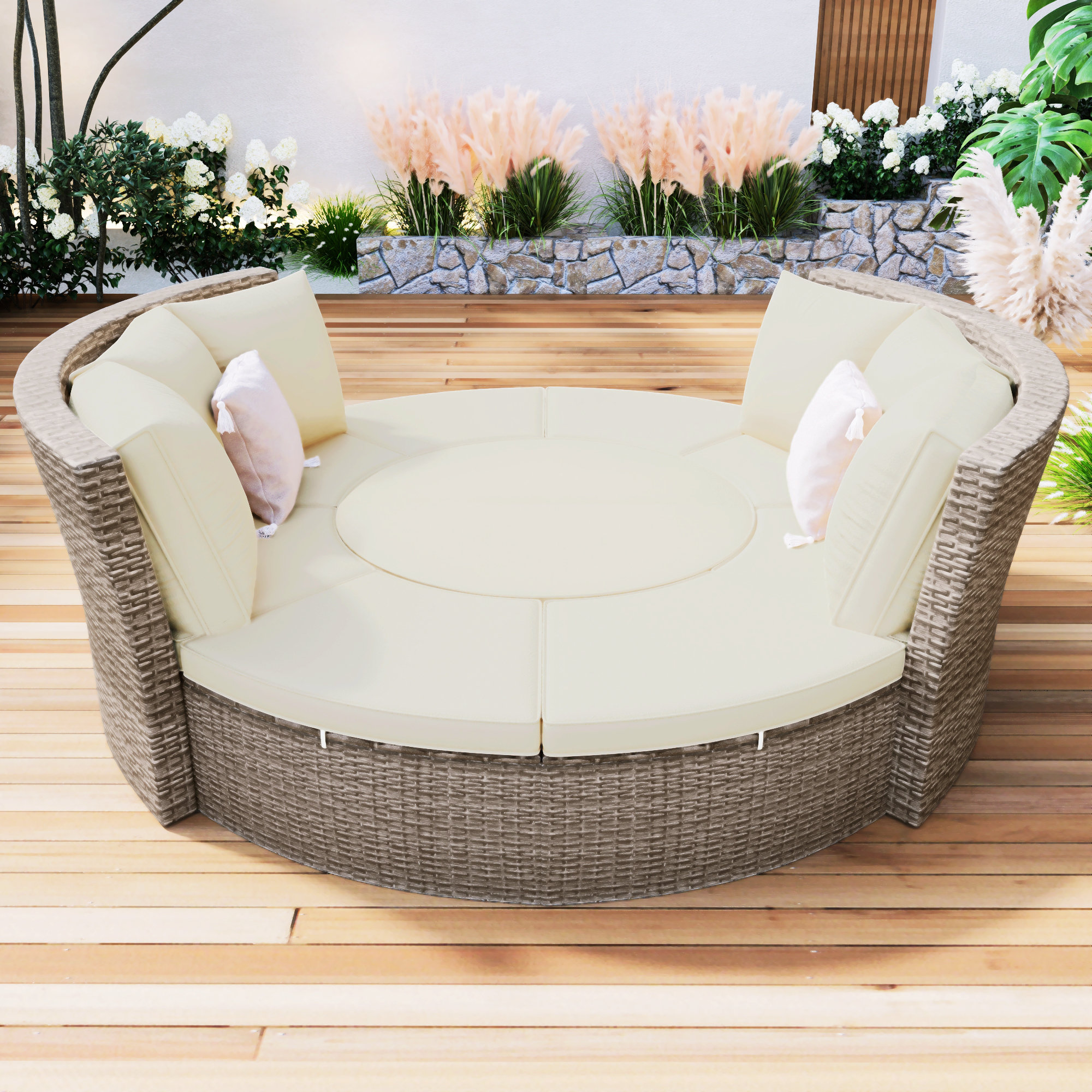Hokku Designs Patio 5-Piece Round Rattan Sectional Sofa Set All-Weather ...