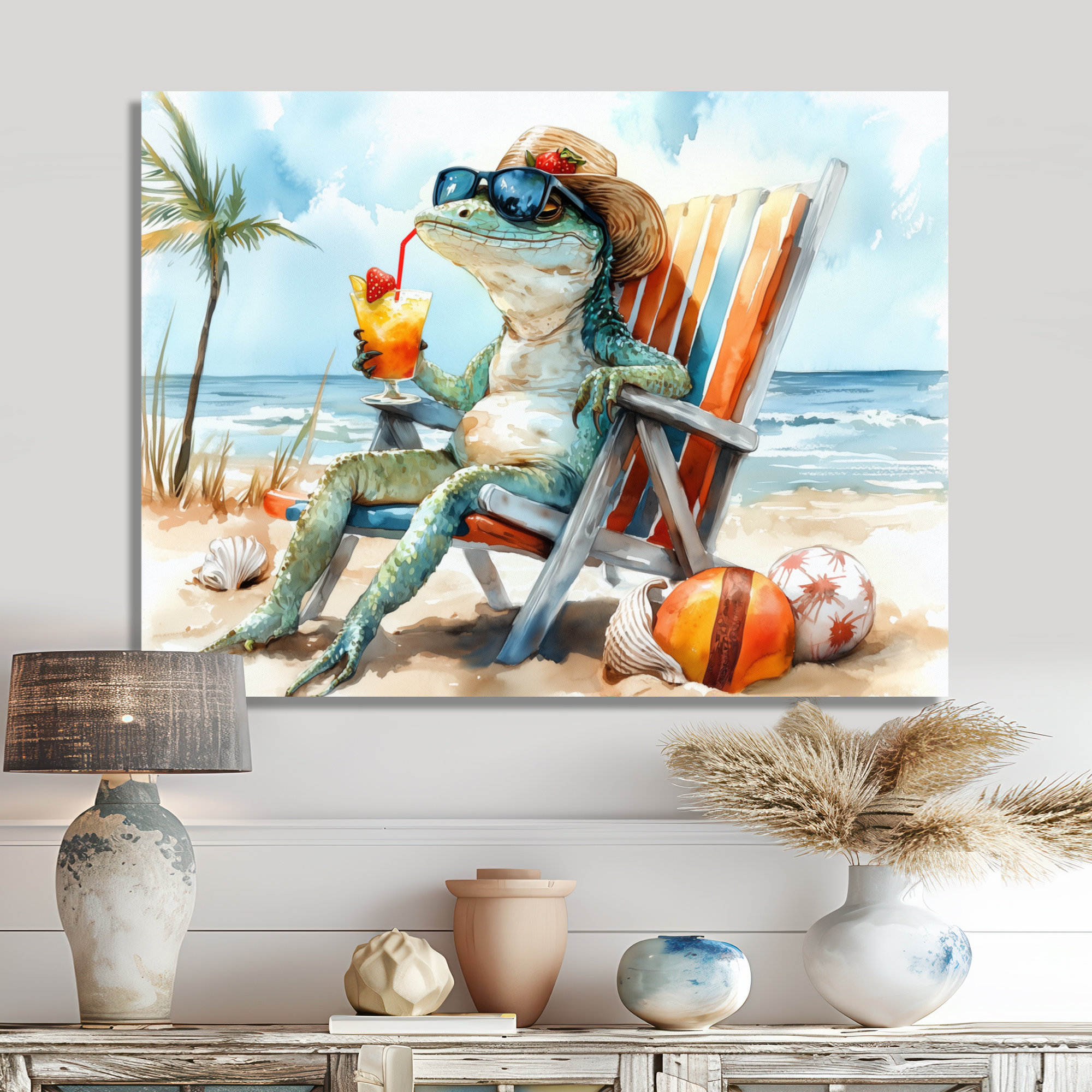 Design Art Lizard On A Beach Lounging Chair - Coastal Animal Wall Art ...
