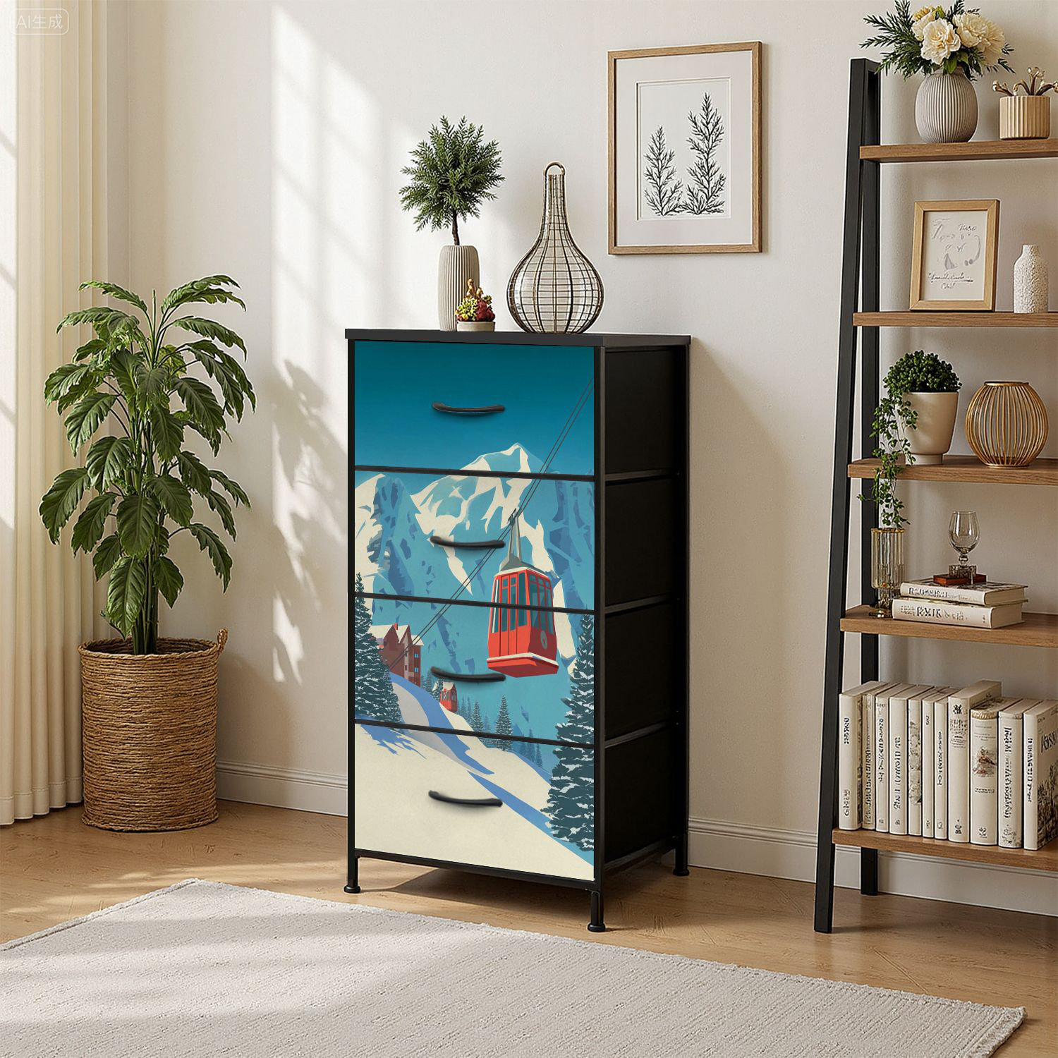 Ebern Designs 4 Drawer Vertical Storage Dresser Ski resort red gondola ...