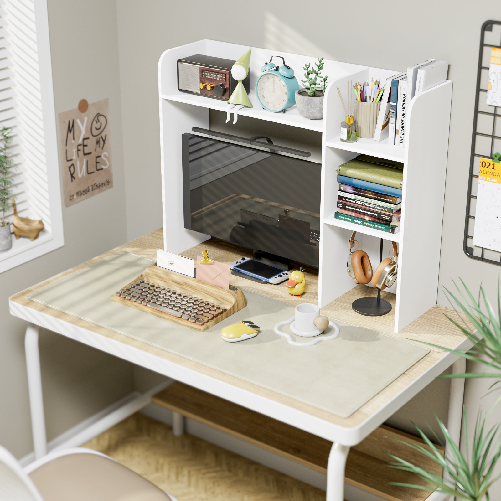 Ebern Designs Wooden Desktop Bookshelf Organizer, Large Shelf For Home ...