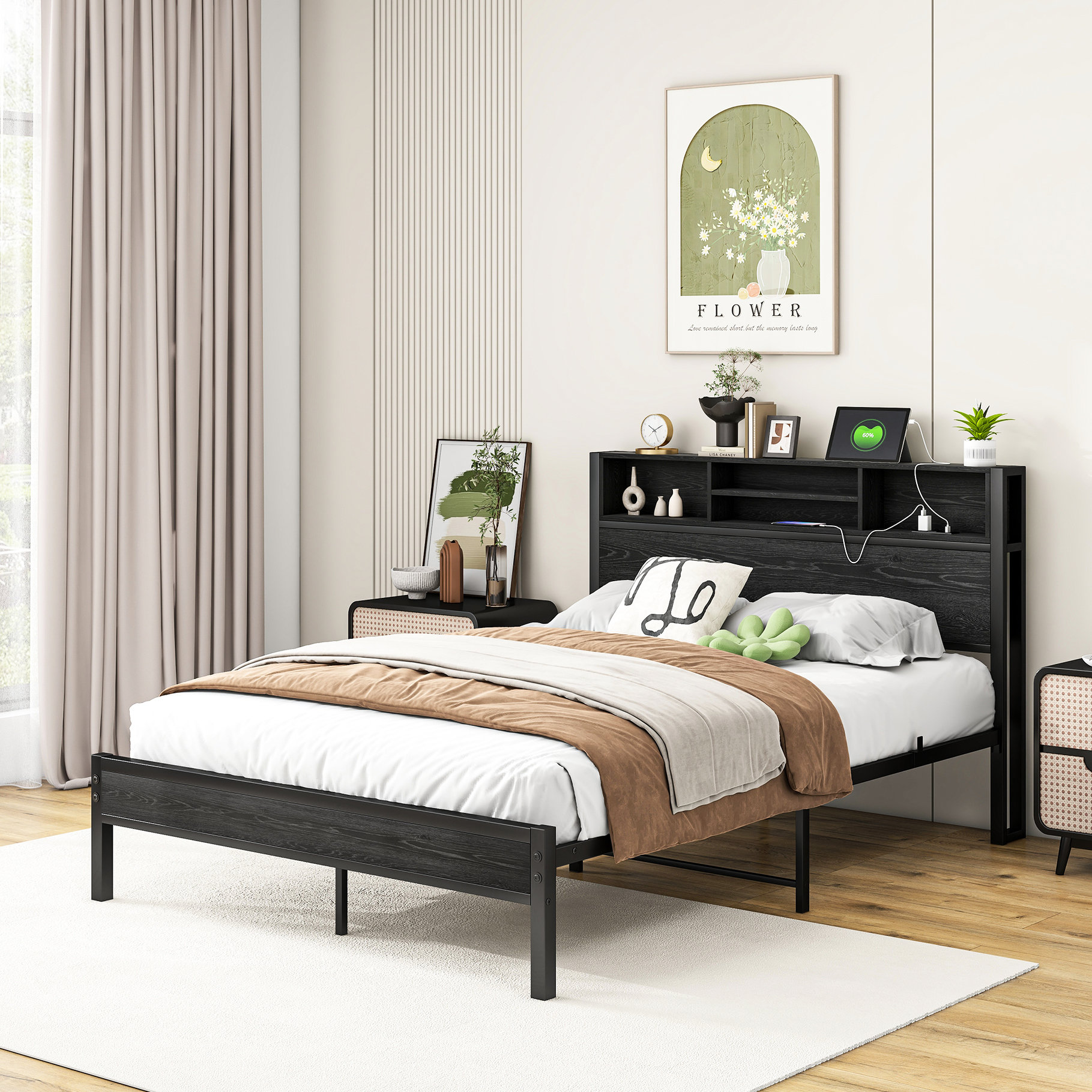 Alwyn Home Metal Platform Bed With Headboard Storage & Electrical ...