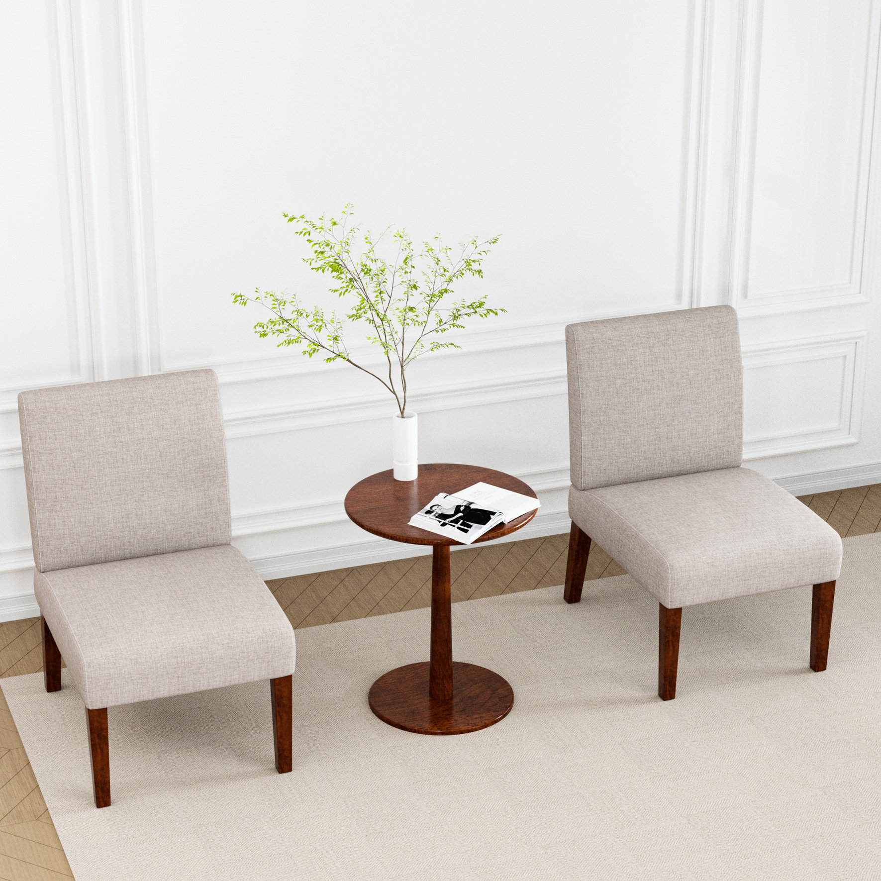 Ebern Designs 2 Fabric Accent Chairs With Round Wood Desk - Modern ...