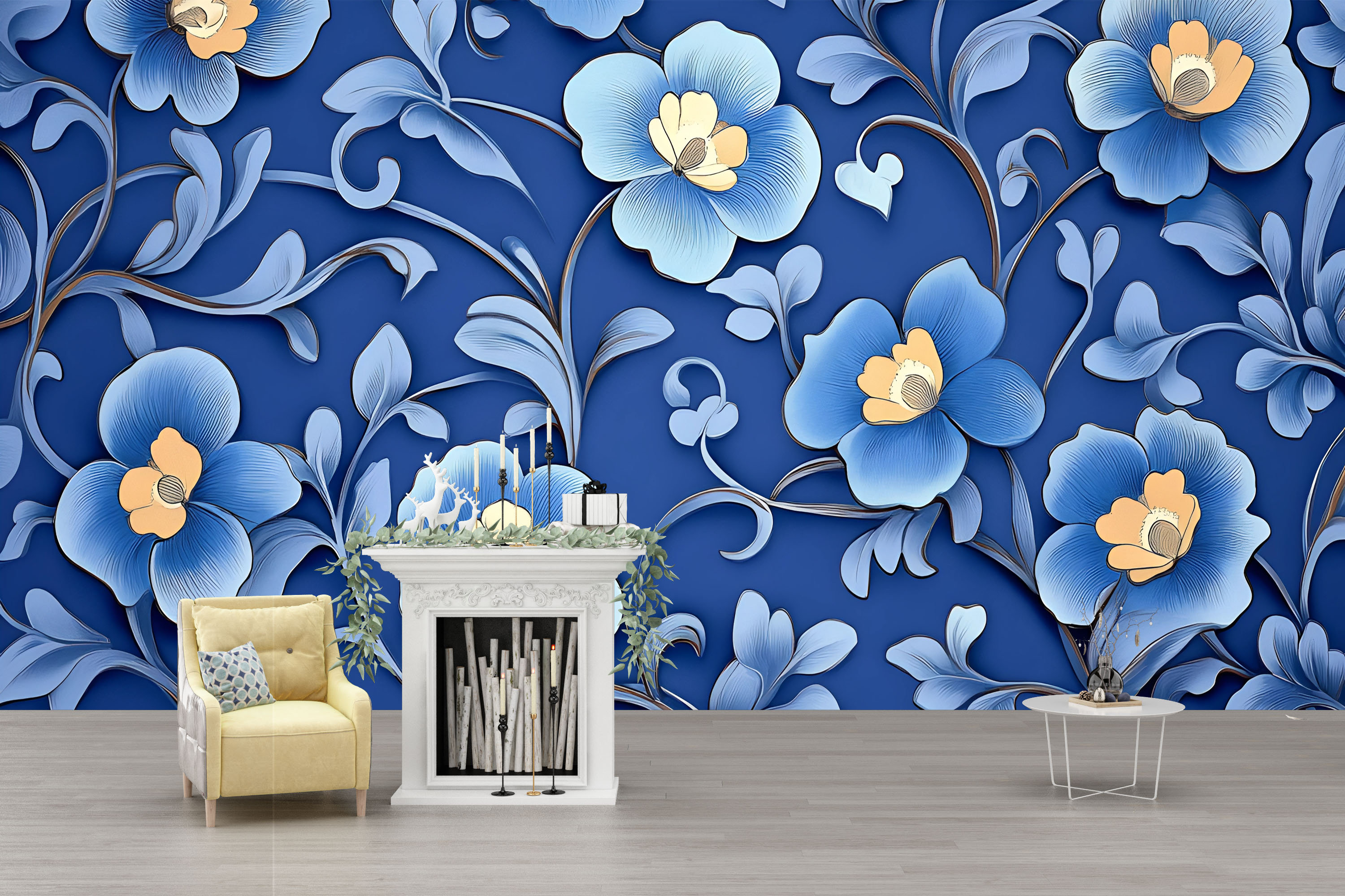 Hokku Designs Blue And Yellow Floral Wall Mural – Bold 3D Effect ...