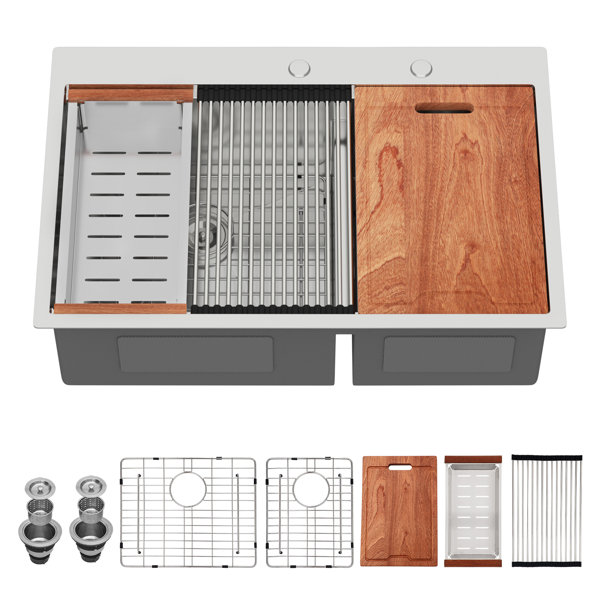 Sarlai 36'' L 60/40 Double Bowl Drop-In Kitchen Sink SUS304 Stainless ...