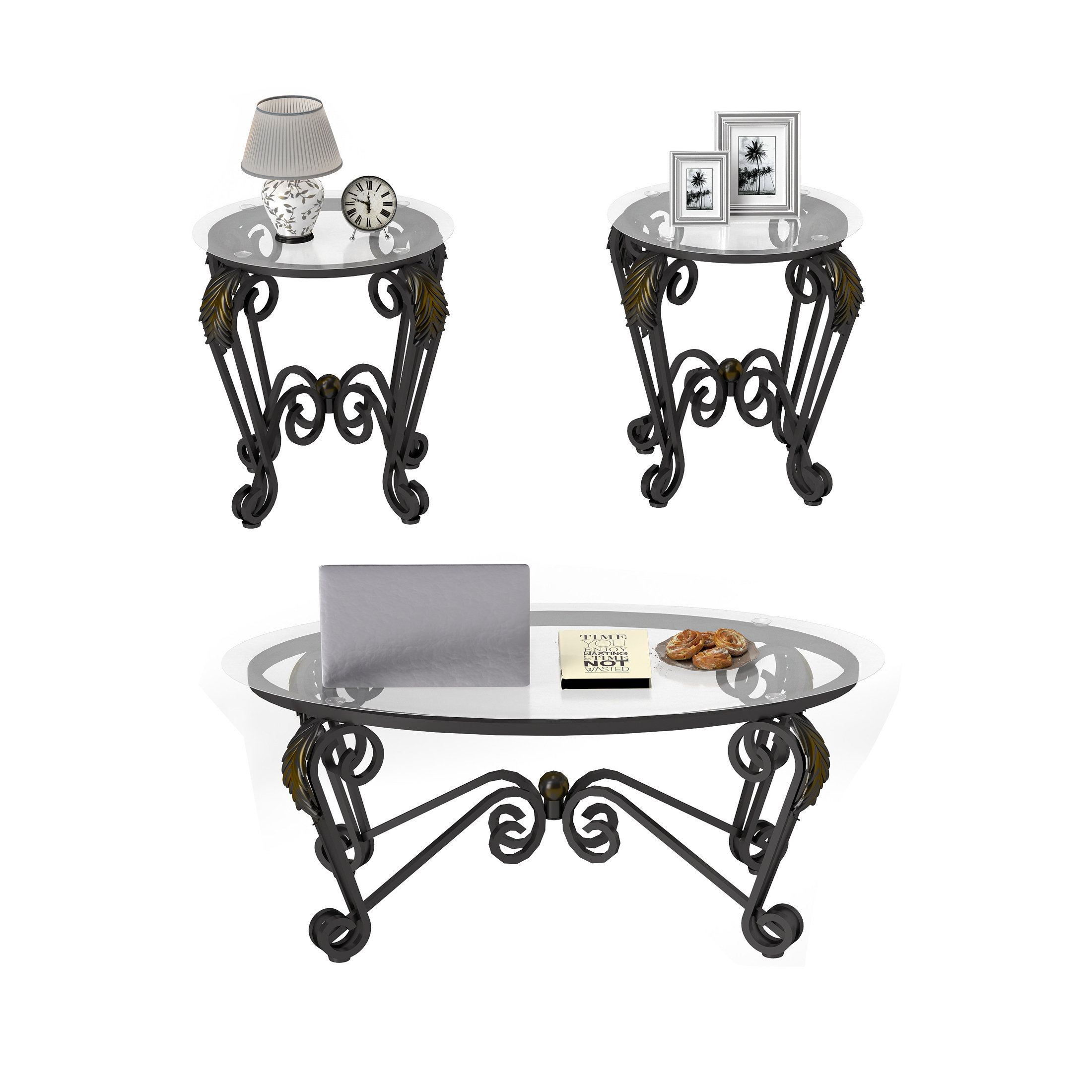 Alcott Hill® Tempered Glass Surface Coffee Table Set of 3, Decor ...