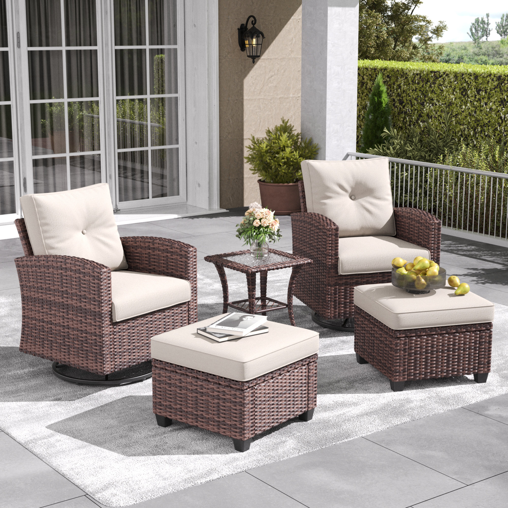Winston Porter 5 Pieces Patio Furniture Set with Swivel Chairs, Rattan ...