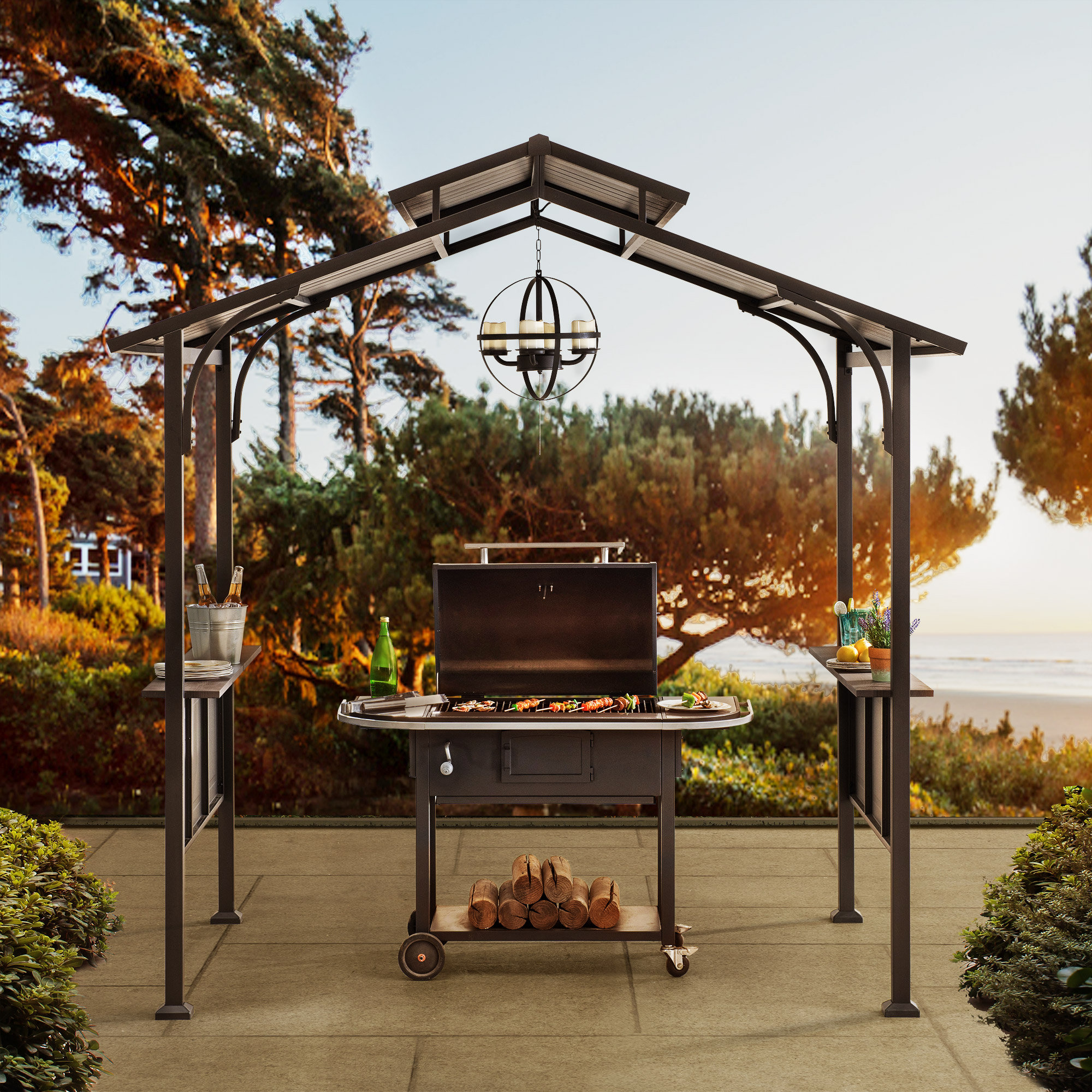 Sunjoy Kent Sunjoy Grill Gazebo 5 ft. x 8 ft. Brown Steel Frame Double ...