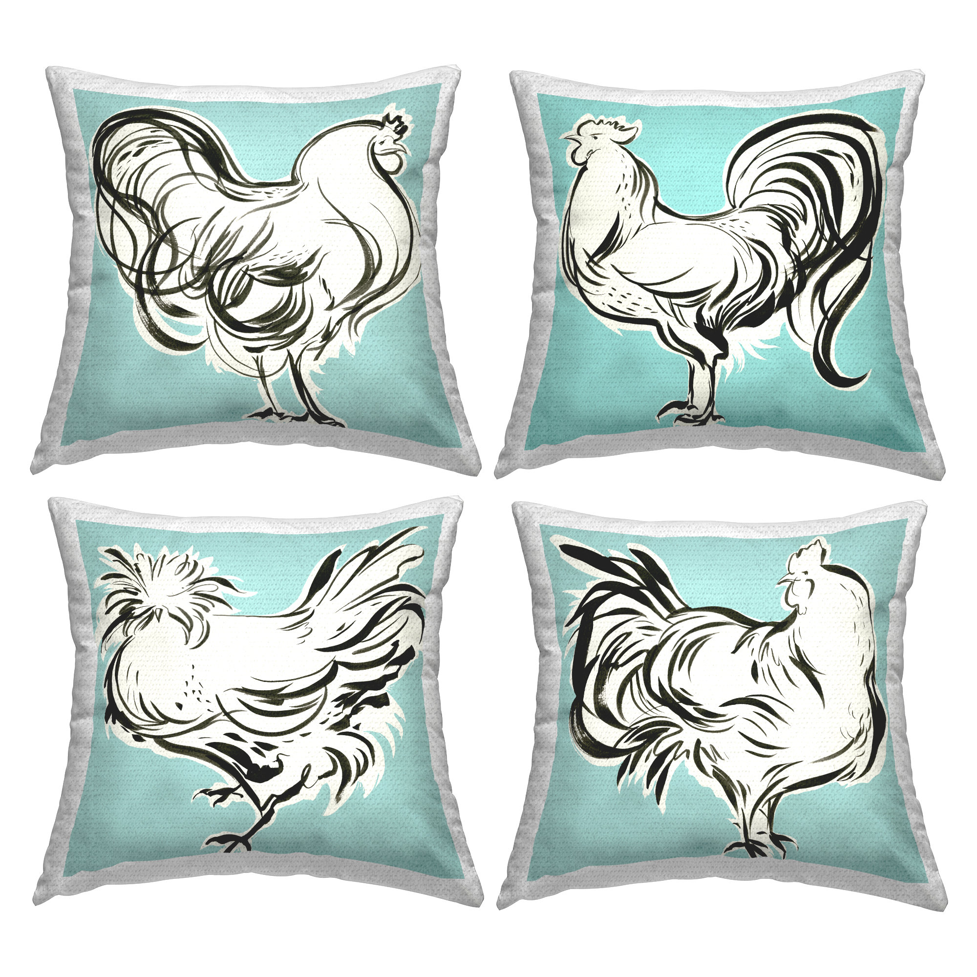 Stupell Industries Turquoise Doodle Hens 4 Piece Outdoor Printed Pillow ...