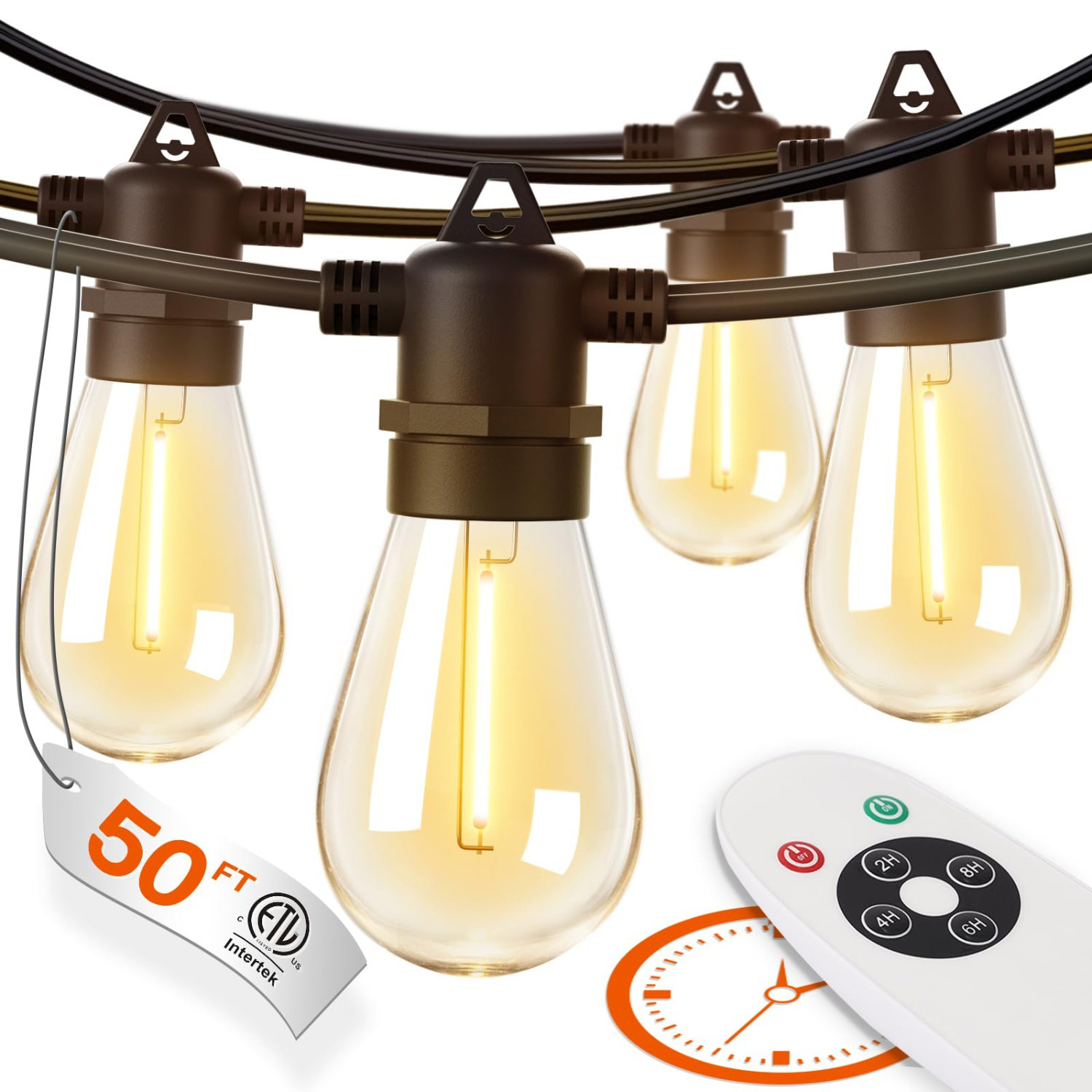 NURTOR 50FT LED Outdoor String Lights Timer Control with Bulbs, Black ...