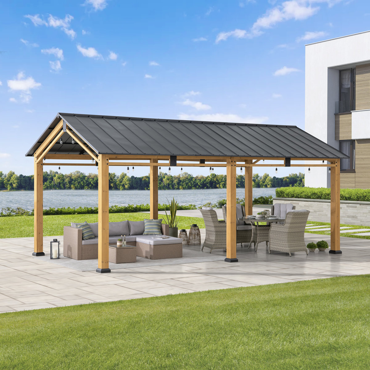 Sunjoy 11 ft. x 20 ft. Cedar Wood Frame Carport Outdoor Patio Hardtop ...