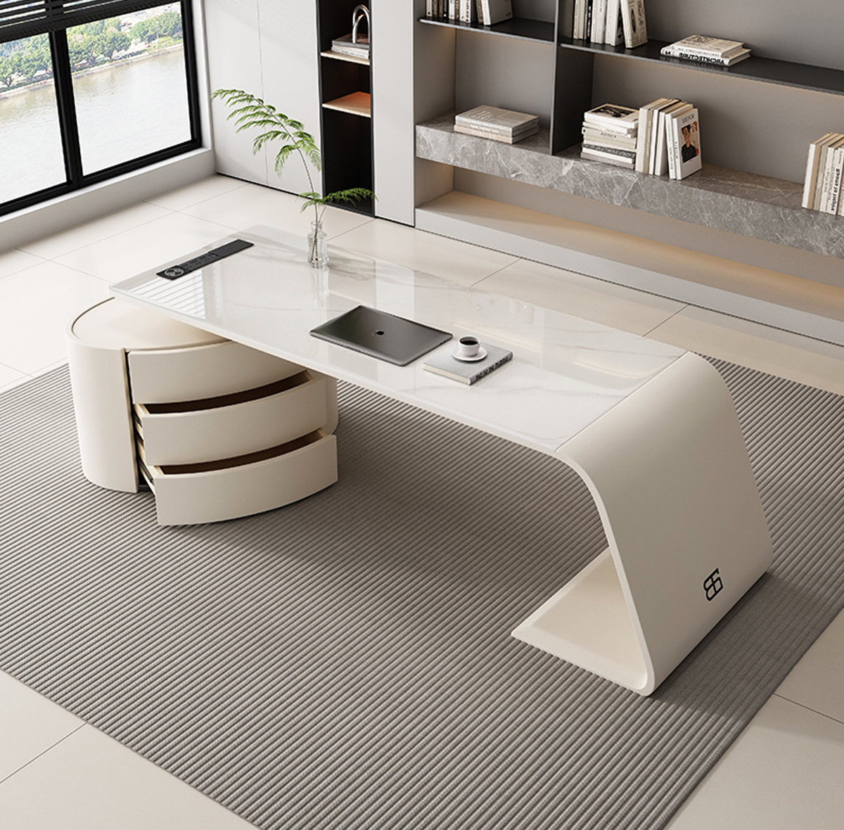 Wrought Studio™ Light luxury minimalist sintered stone desk with three ...