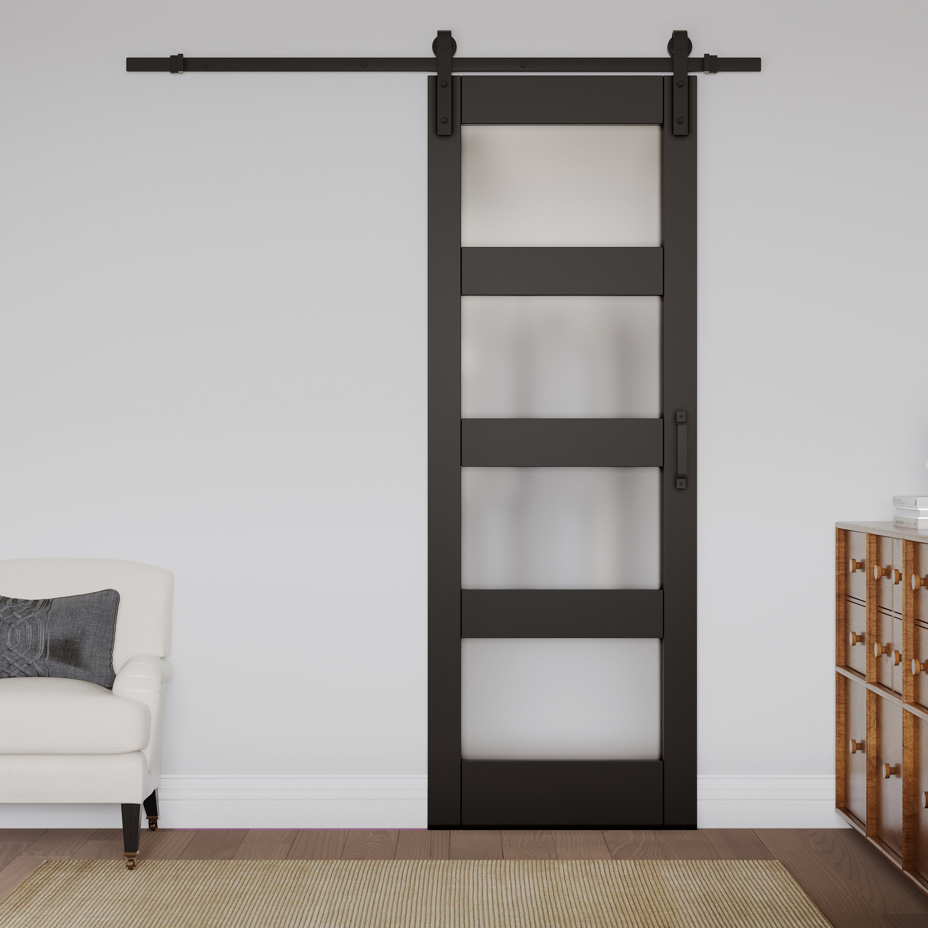 HOZONE Glass and Manufactured Wood Black Sliding Barn Door with ...