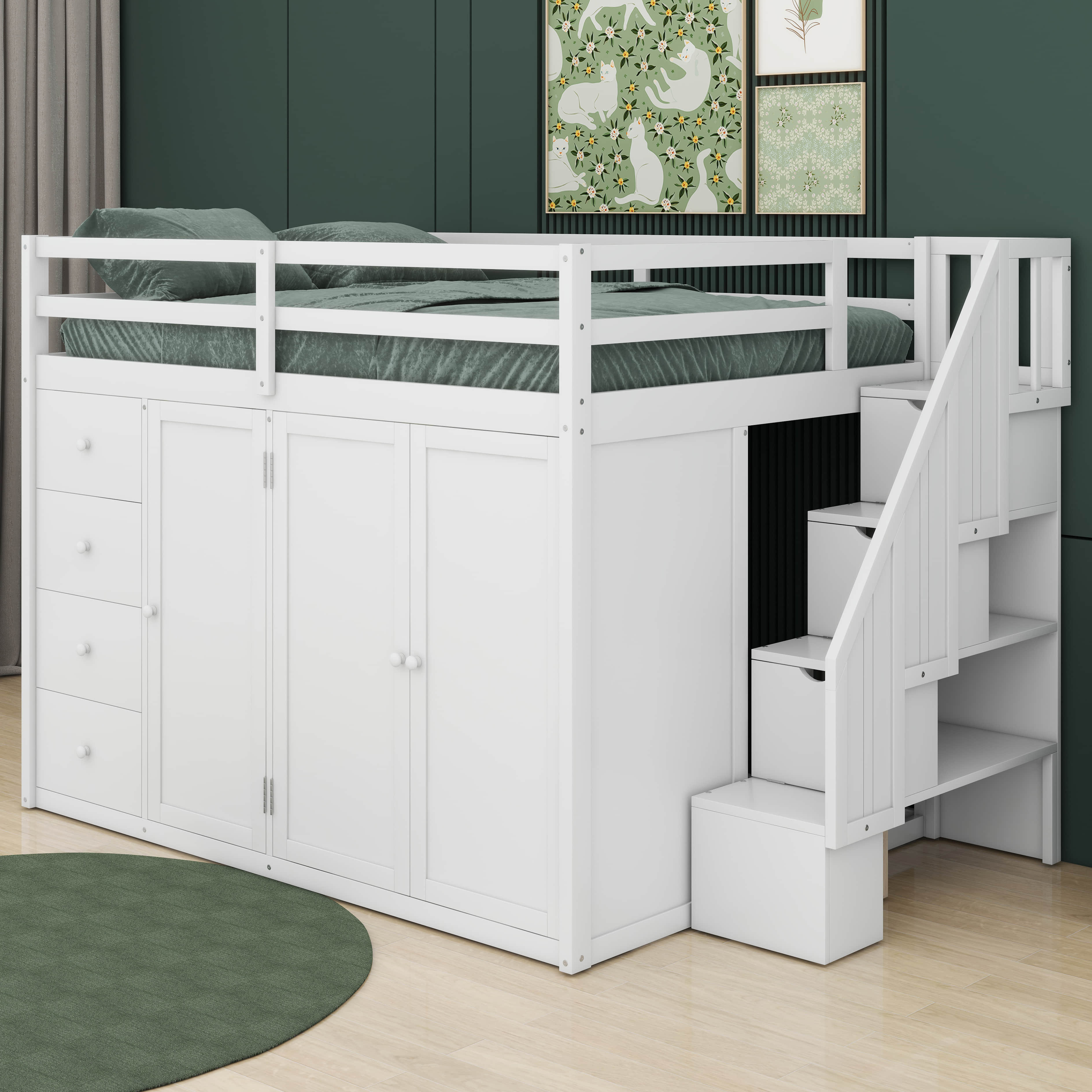 Harriet Bee Jaquai Full Size Wood Loft Bed With Built-in Wardrobes, Cabinets and Drawers ...
