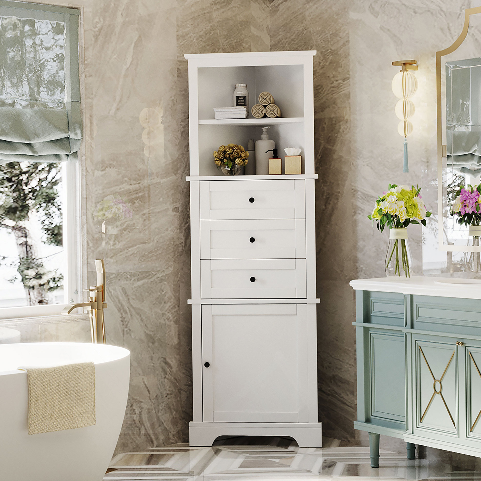 Red Barrel Studio Triangle Tall Cabinet with 3 Drawers and Adjustable ...