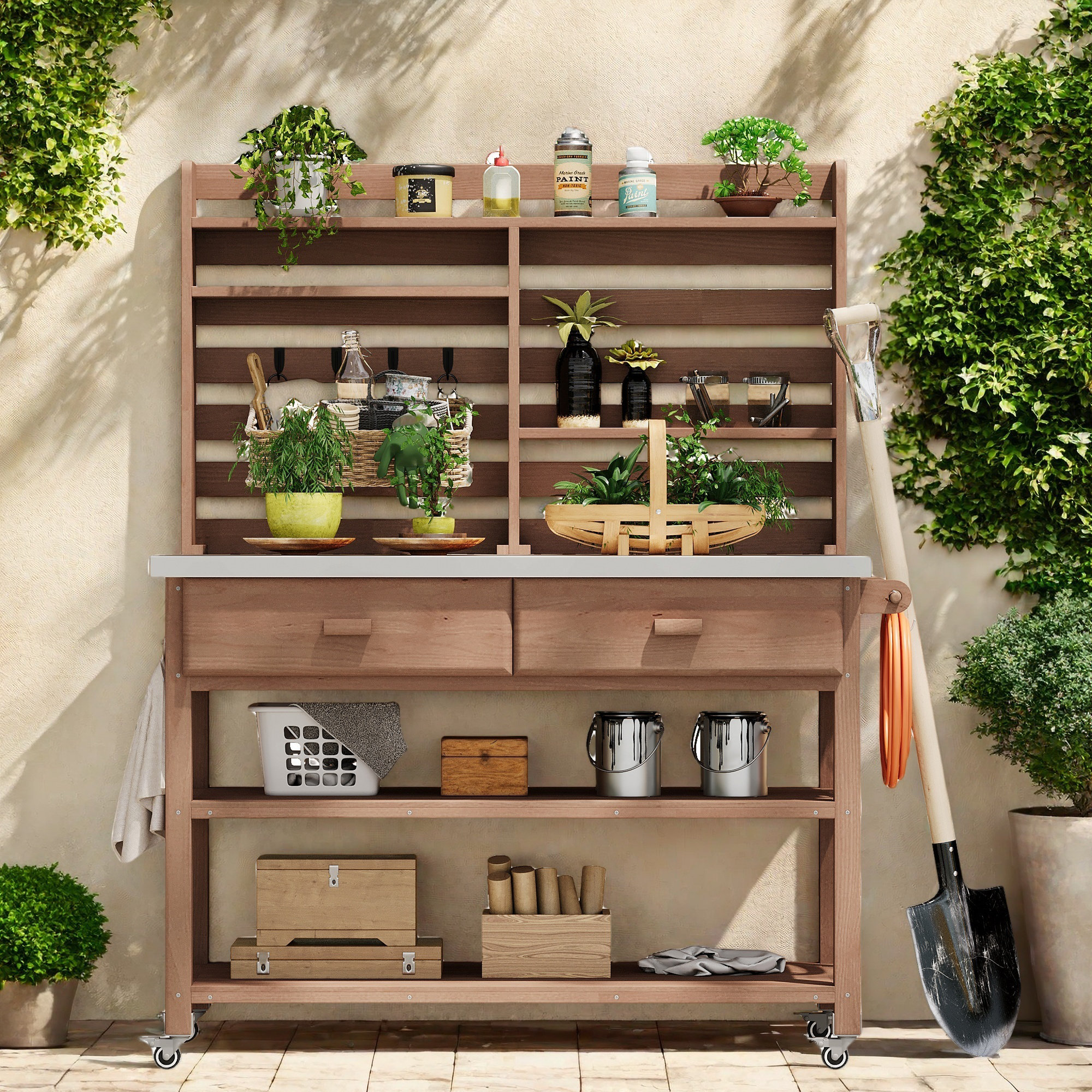 Red Barrel Studio® Outdoor Potting Bench Table With Lockable Wheels ...