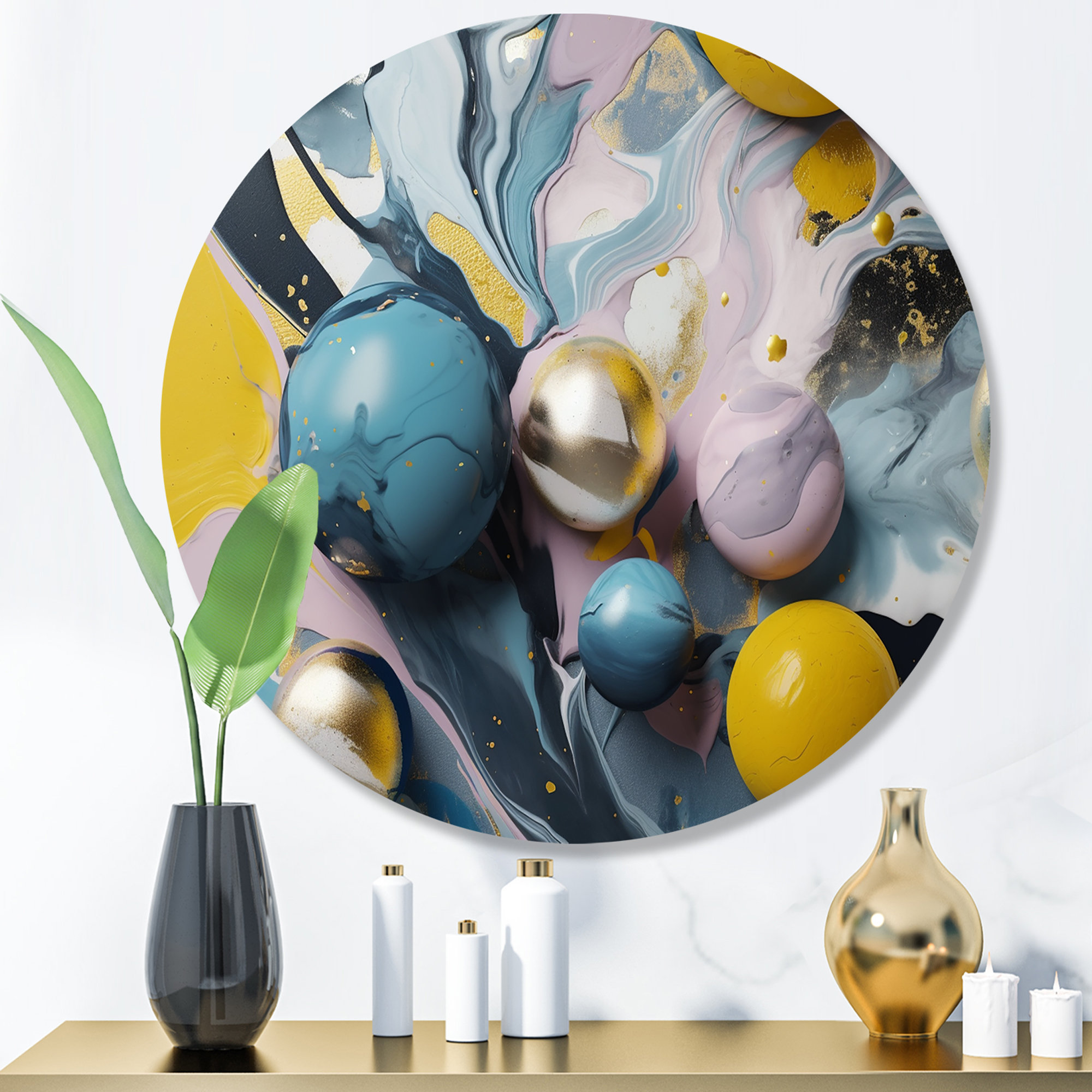 Mercer41 Johnya Yellow And Blue Fluid Stone I - Abstract Marble Round ...