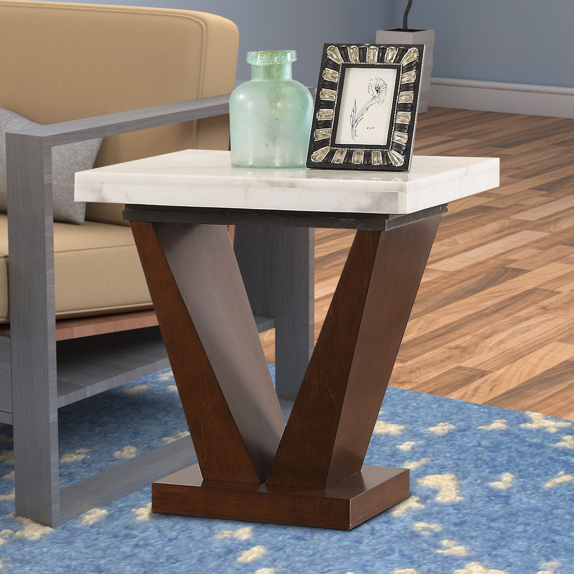 Orren Ellis Twaina Square Marble Top Wooden V Shape Base End Table ...
