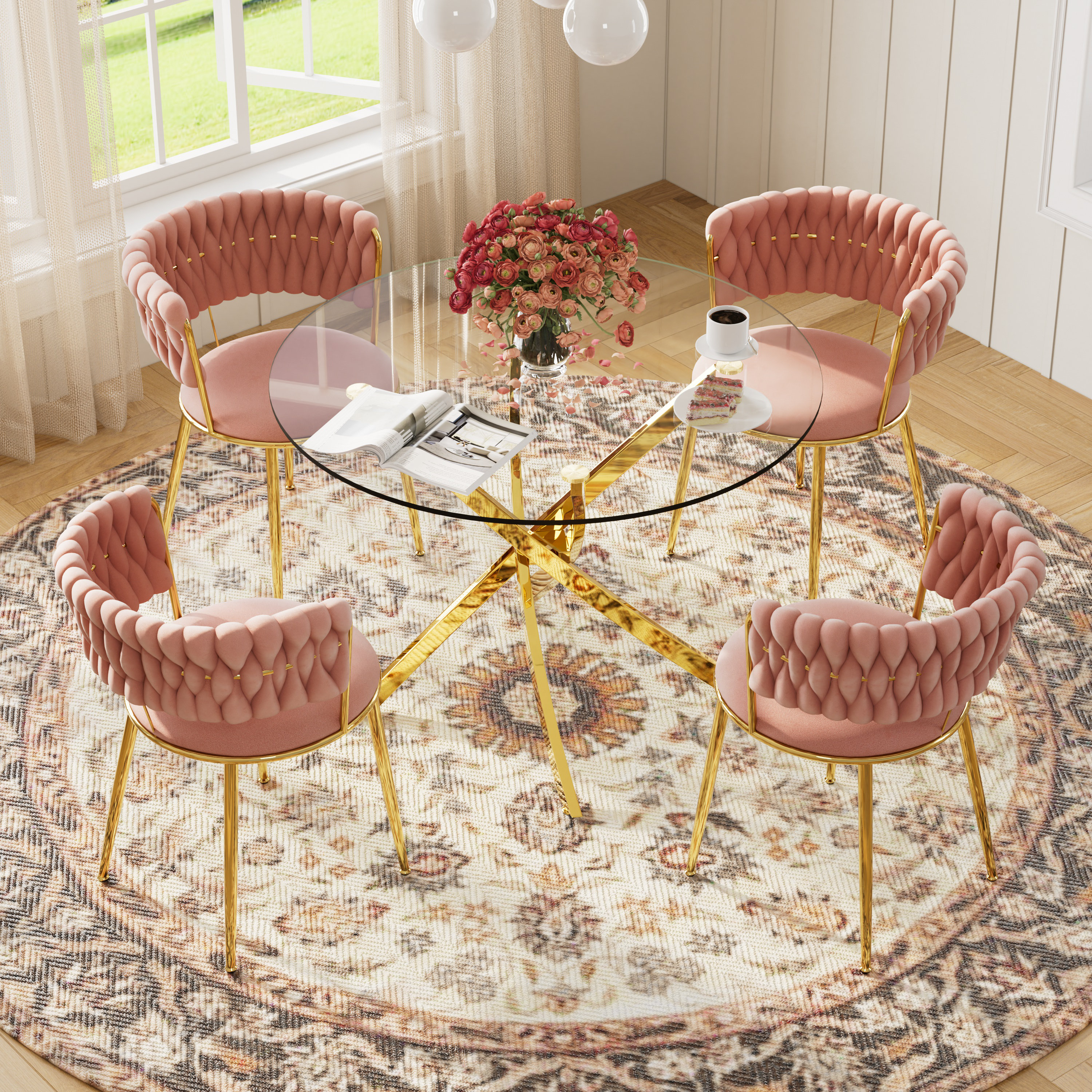 Ivy Bronx Modern Round Pedestal Dining Set with Weaven Velvet Dininig ...