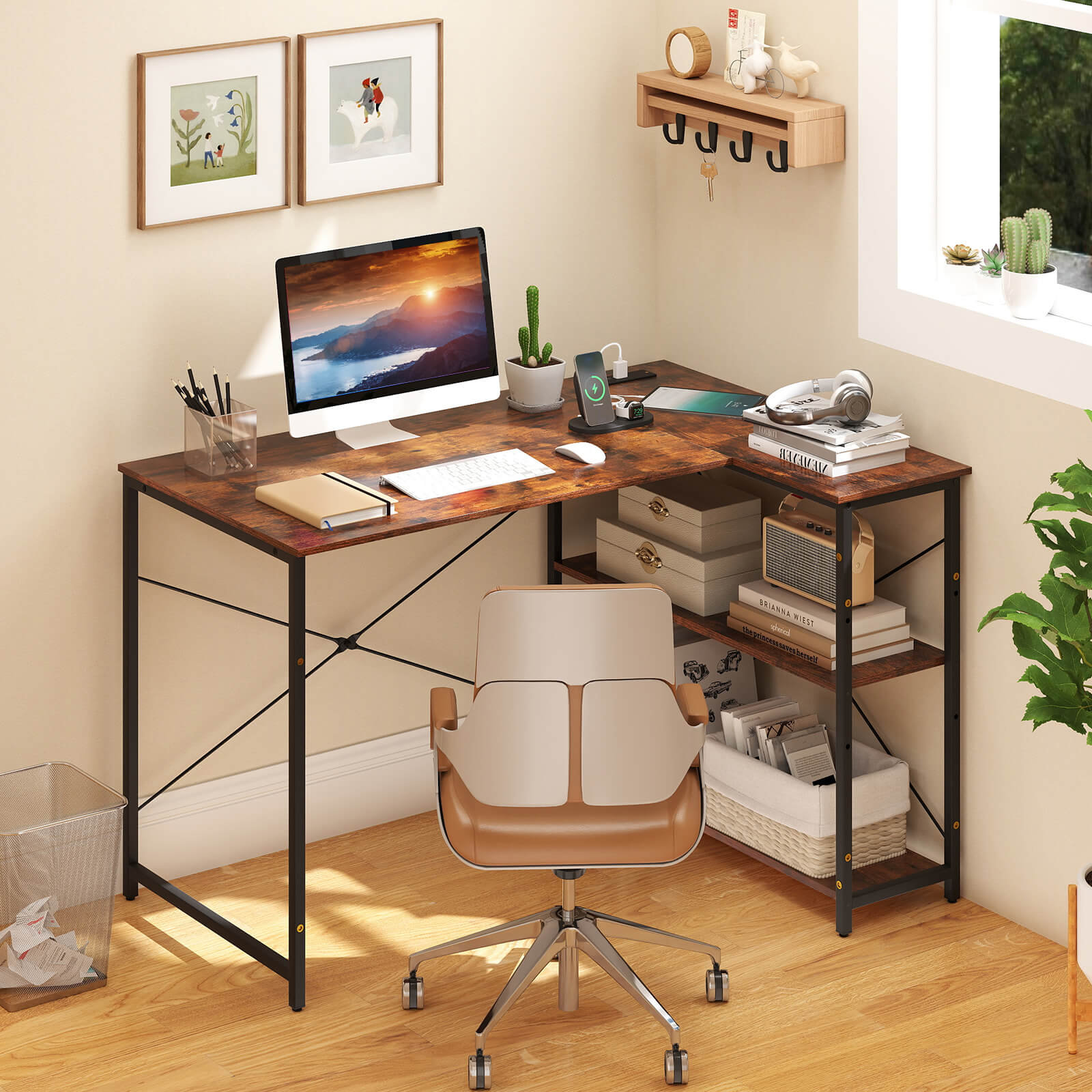 Inbox Zero L-shaped Computer Desk With Power Outlets Adjustable Shelf ...