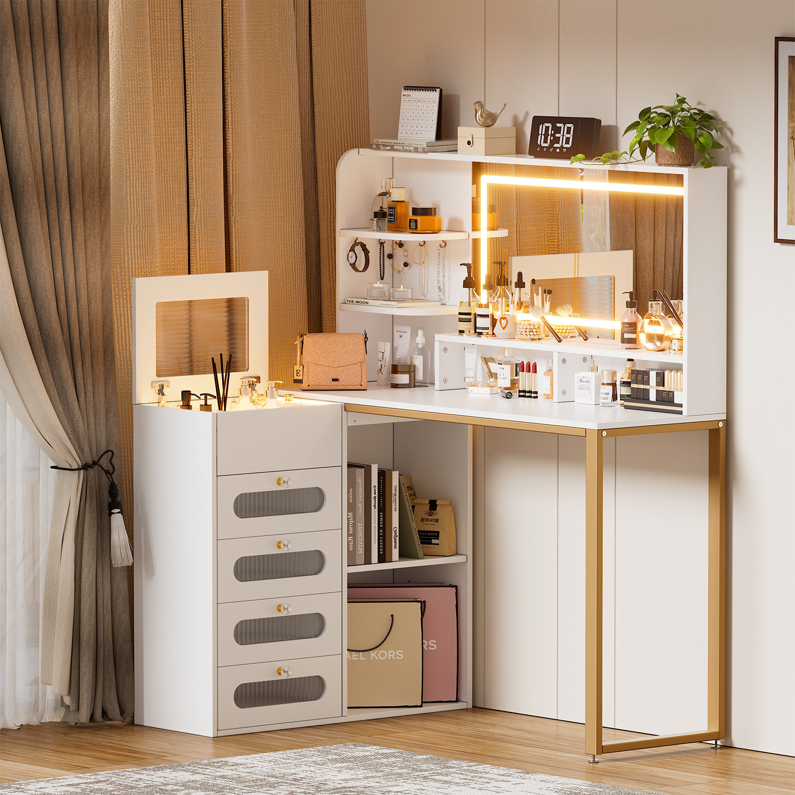 Mercer41 Vanity Desk With Mirror And Lights, Corner Makeup Vanity L ...