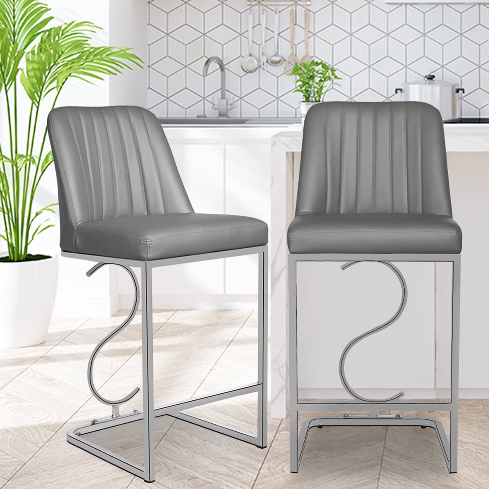 Wrought Studio™ 24" Gray Counter Height Bar Stools with Back (Set of 4 ...