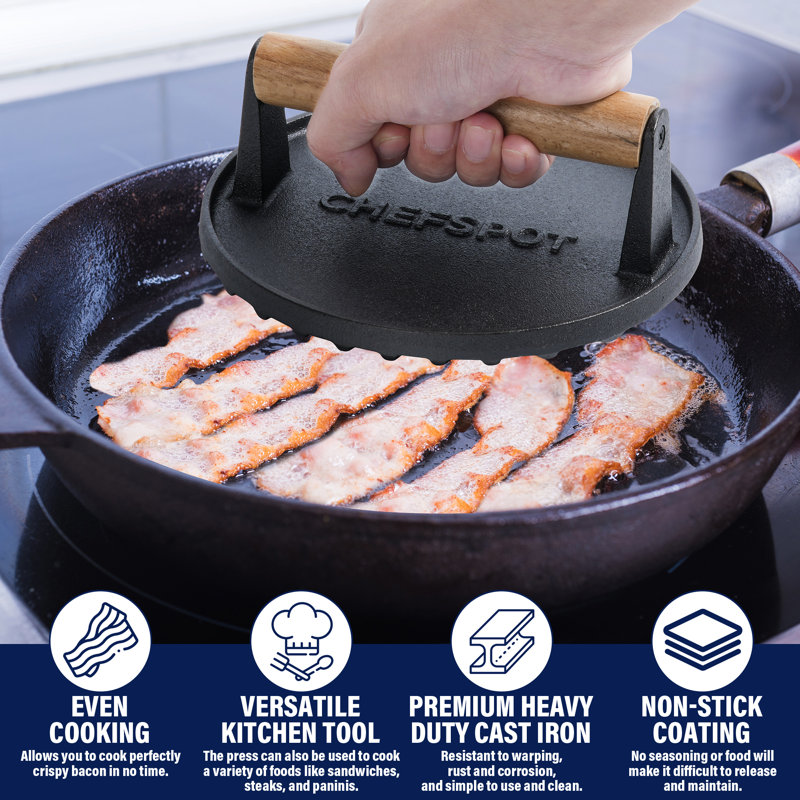 CHEFSPOT Preseasoned Cast Iron Round Grill Press - Rigged Surface ...
