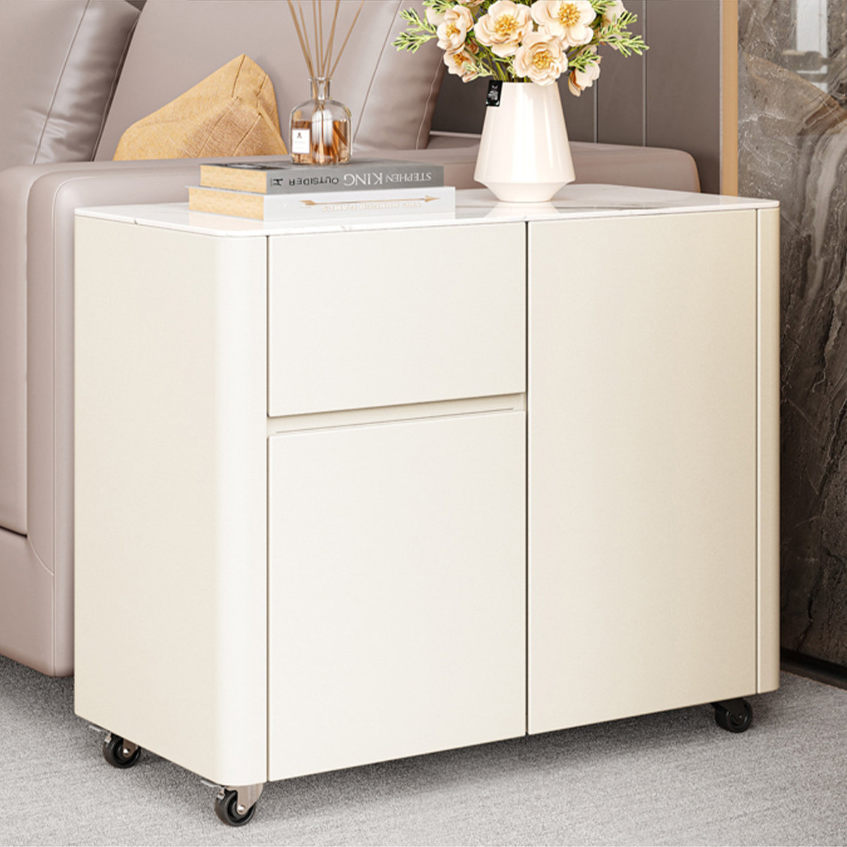 SINNOG Cream White Solid Wood Lacquered Rolling Sofa Side Table ...