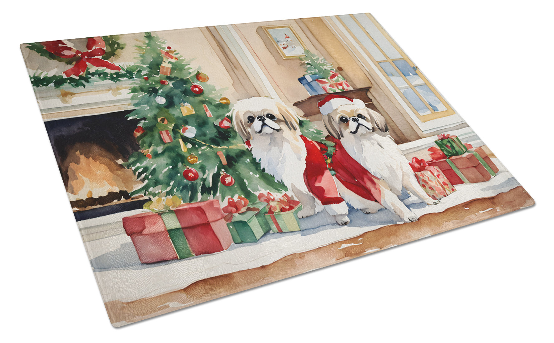 Caroline's Treasures Pekingese Cozy Christmas Glass Cutting Board Large ...