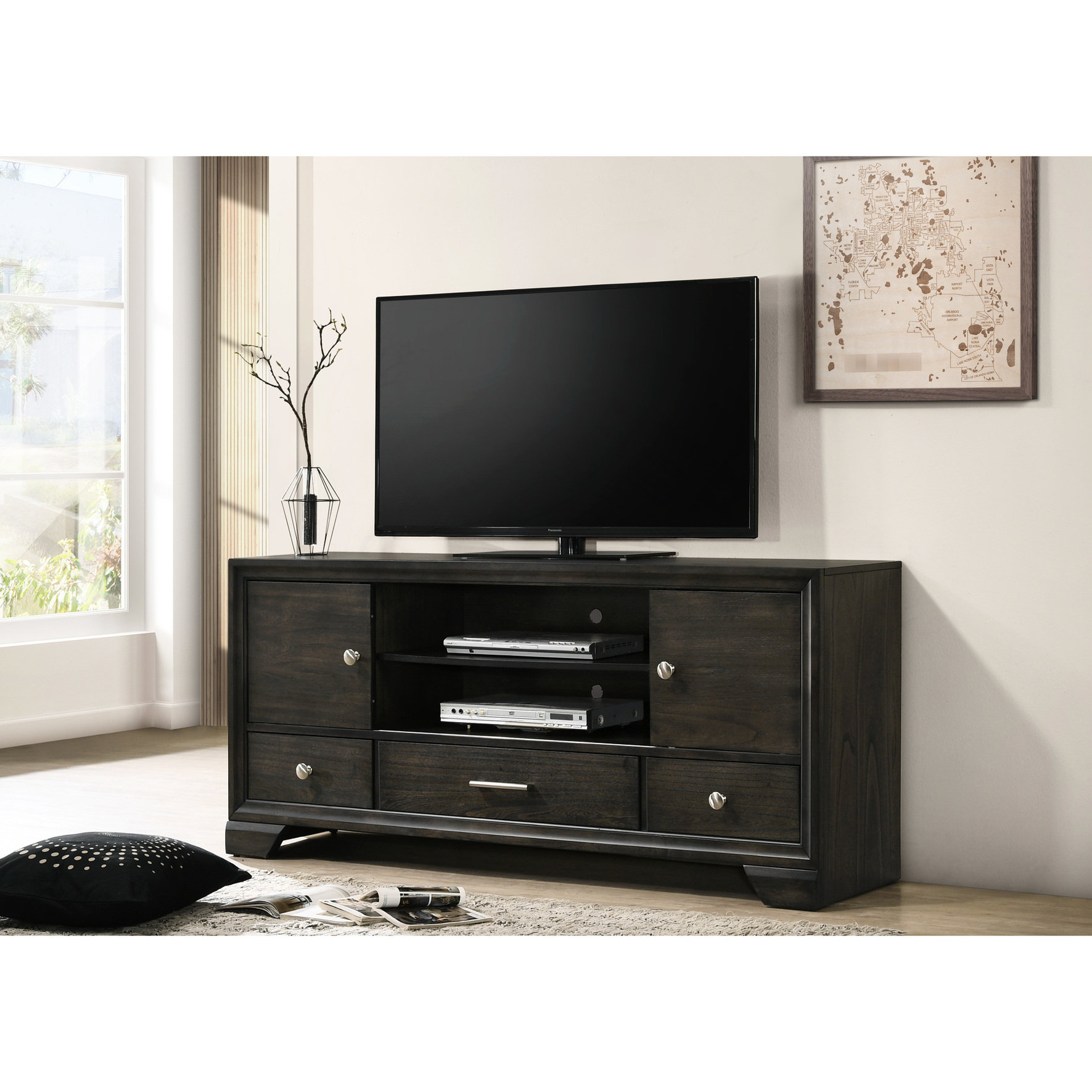 Red Barrel Studio® Dark Gray Media Console Table With 2 Cabinets, 3 ...