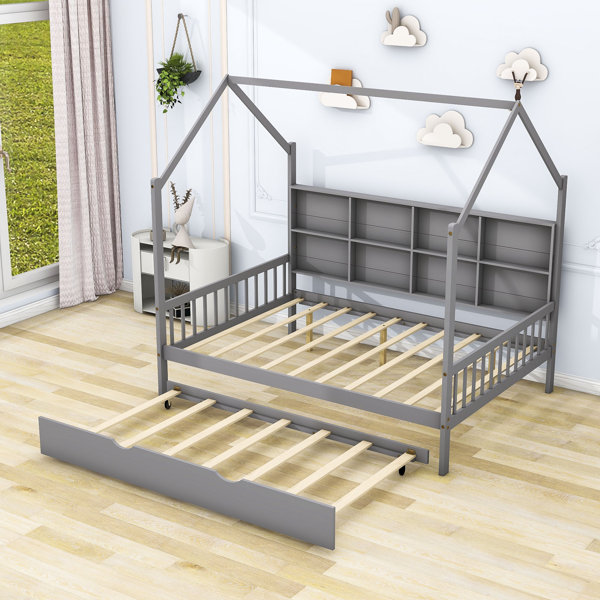 Latitude Run® Wooden House Platform Bed with Trundle and Shelves | Wayfair