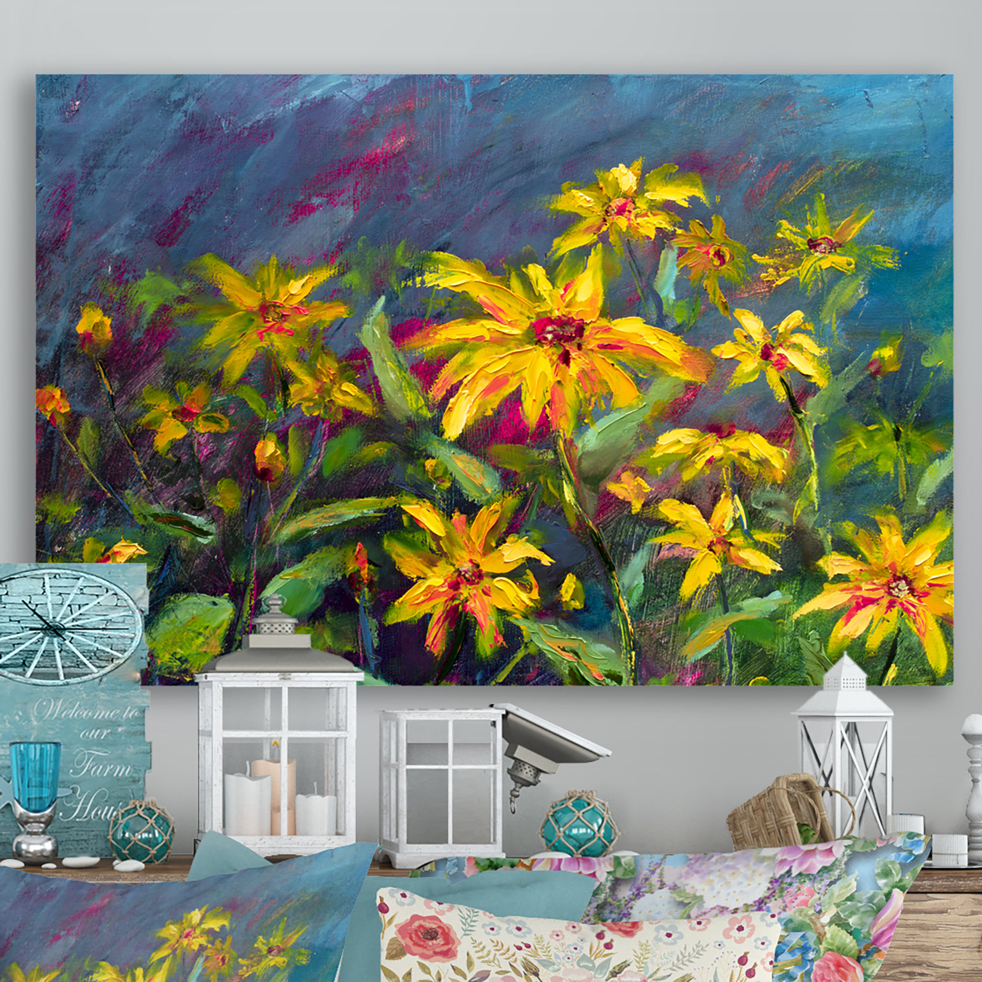 Winston Porter Yellow Blue Floral Flowers - Floater Frame Print on ...