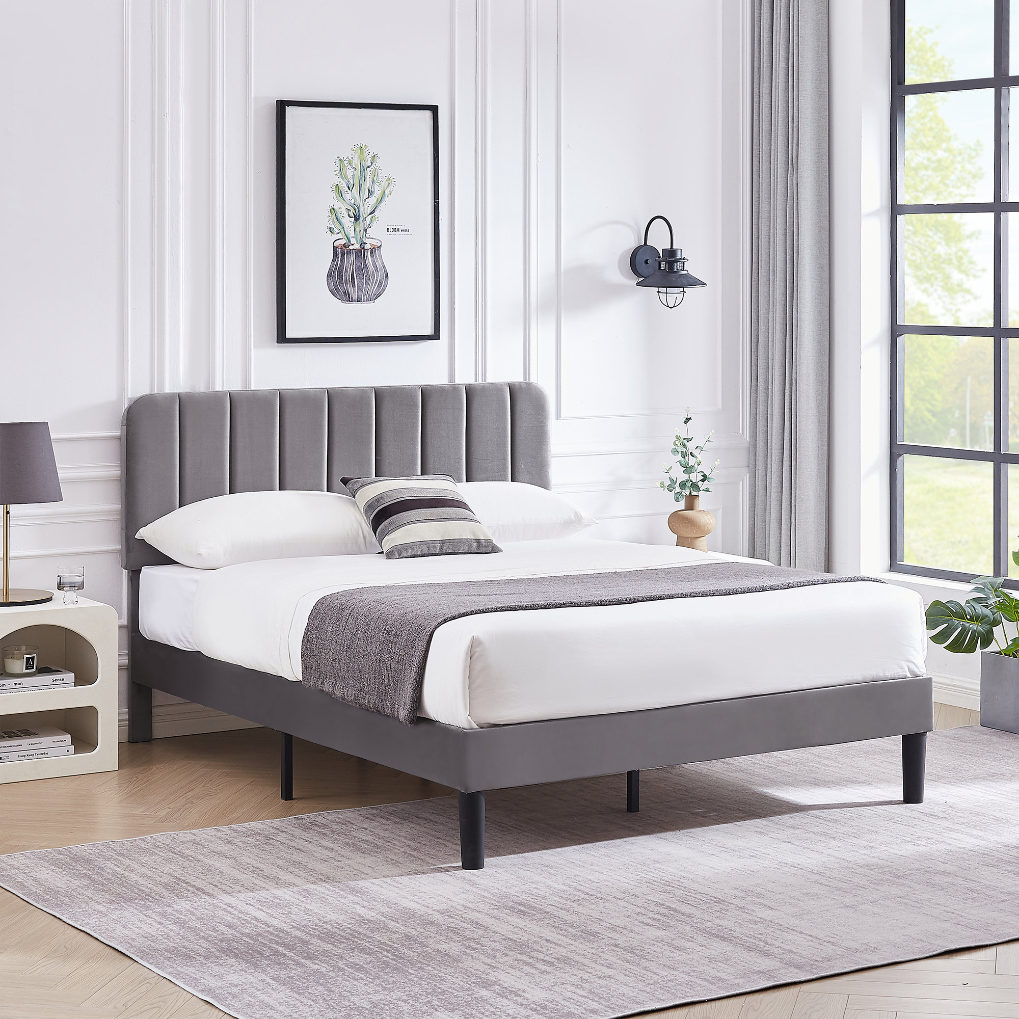 Wade Logan Auxter Upholstered Platform Bed Frame with Adjustable ...